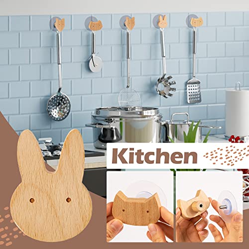 NUANNUAN 4 Pcs Cute Animal Hooks Wood Solid Wall Hanger, Creative Cat/Rabbit/Dog/Fox Shelf Reusable Cartoon Utility Hook for Kids Room Entryway Bedroom Key Coat Towels Hats Jackets Backpack Hanging