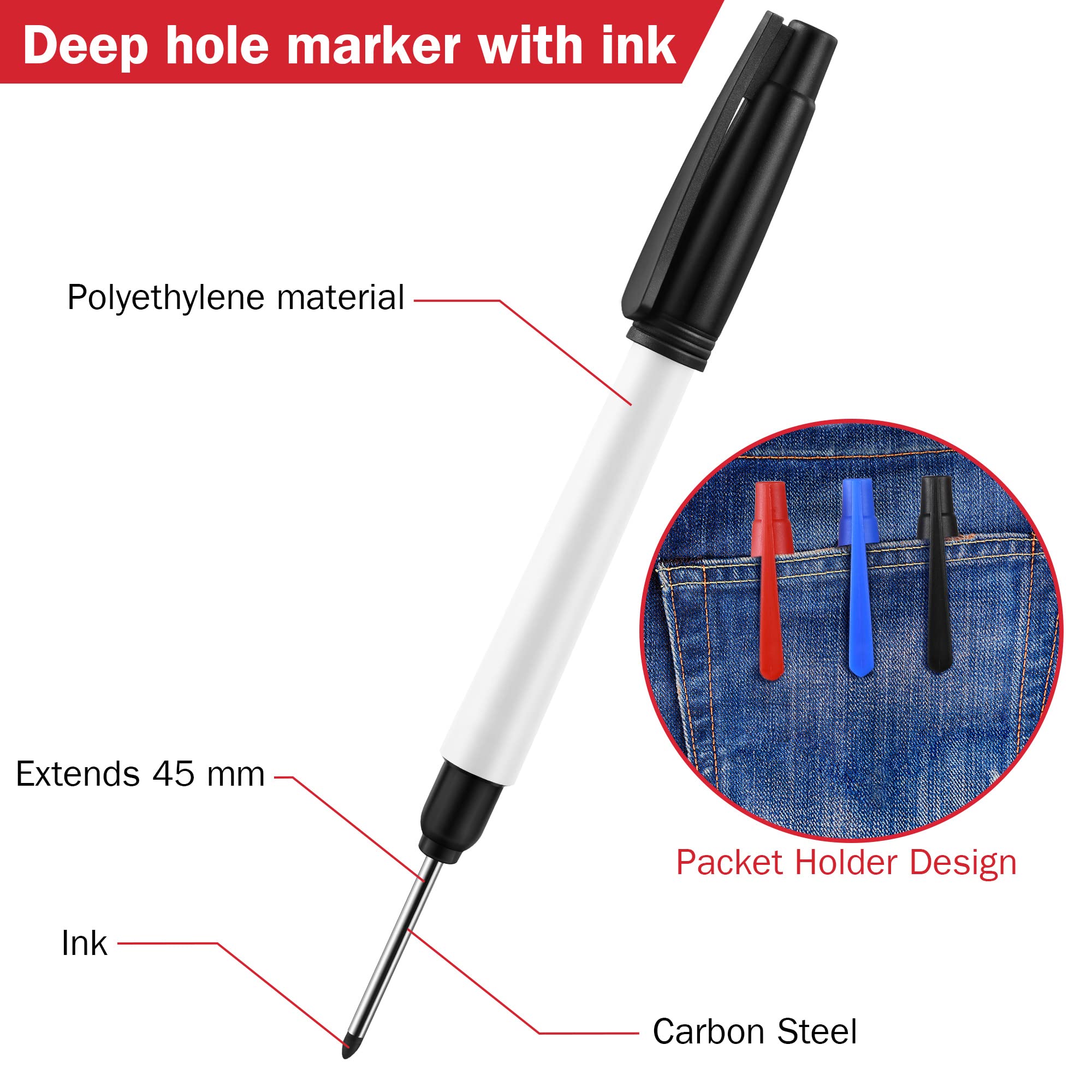 Mechanical Carpenter Pencil Set, 3 Pcs Woodworking Pencil with Built in Sharpener and 12 Pcs Refills, 3 Pcs Long Nose Deep Hole Marker Pen, Scriber Marking Tools for Architect (Red, Black, Yellow)