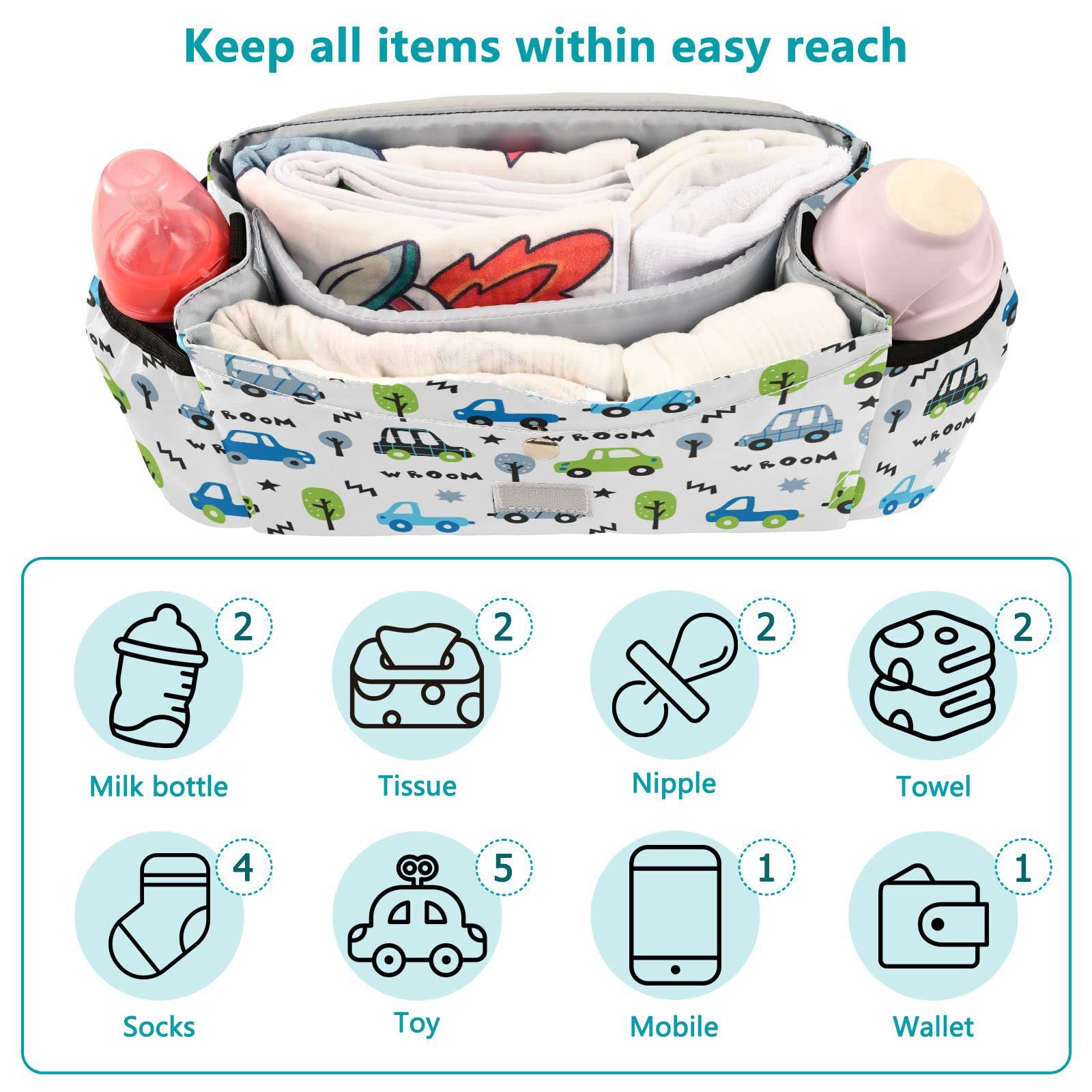 Kigai Cartoon Cars Baby Stroller Organizer with Cup Holders, Secure Hooks Accessories Adjustable Strap Stroller Bag for Bottle, Diaper, Phone, Toys, Baby Items