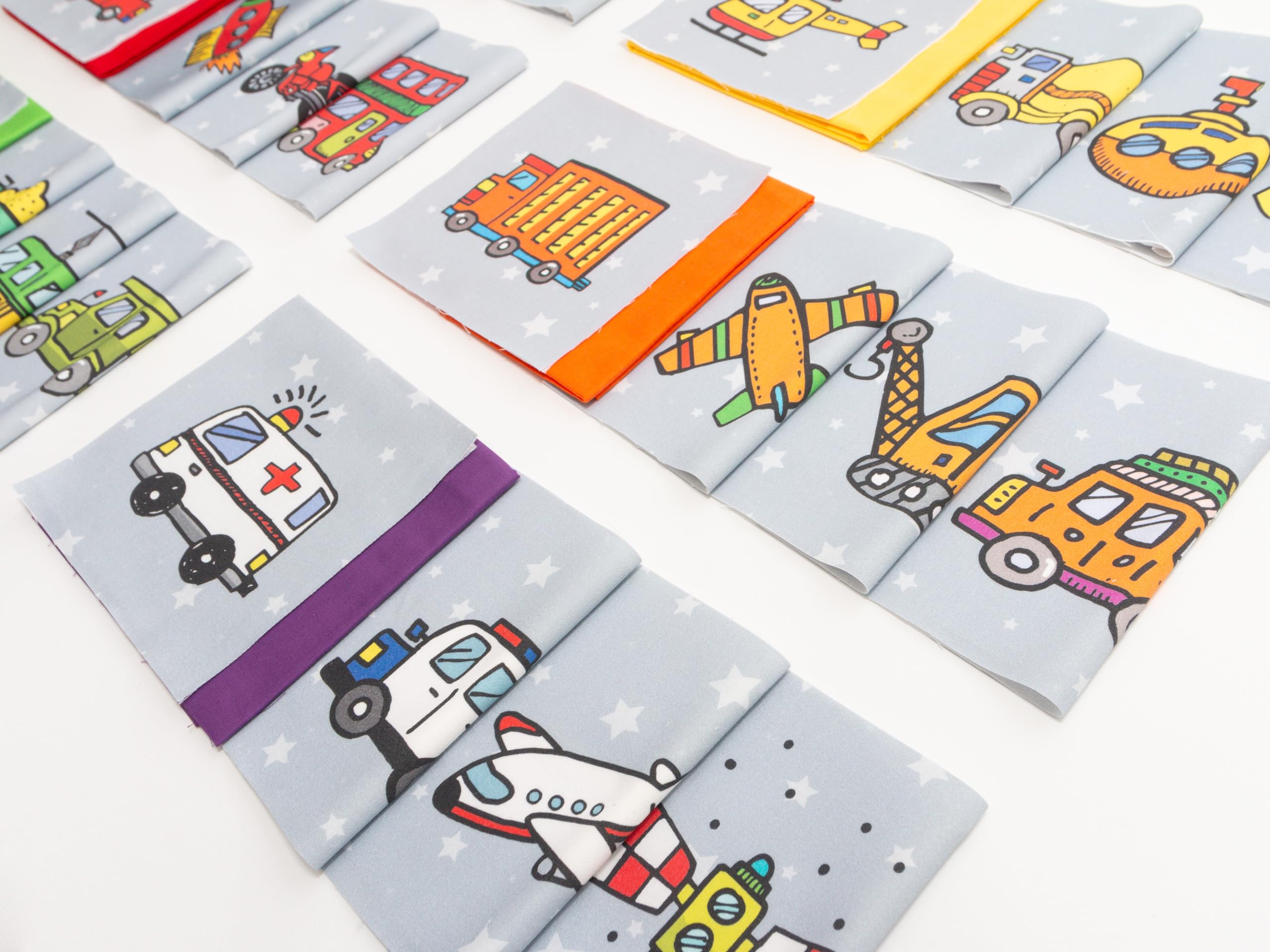 Lalikul Fabric Transport & Vehicles, 100% Cotton Charm Packs, 42 Different Motifs, Fat Quarters, Ideal for Quilts, Sewing, Blankets, I Spy Games for Kids, 5" x 5" Squares.