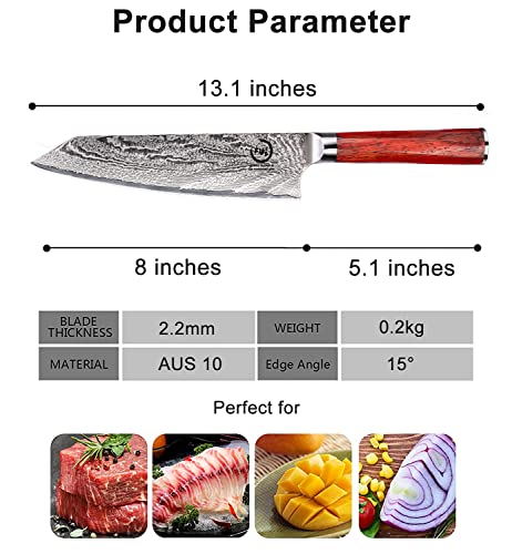 Japanese Chef Knife, Fukep Chef Knife Ultra Sharp AUS10 Core Steel 72 Layers High Carbon Steel Damascus Chef Knife Ergonomic Mahogany Handle Kitchen Knife Chef Gift