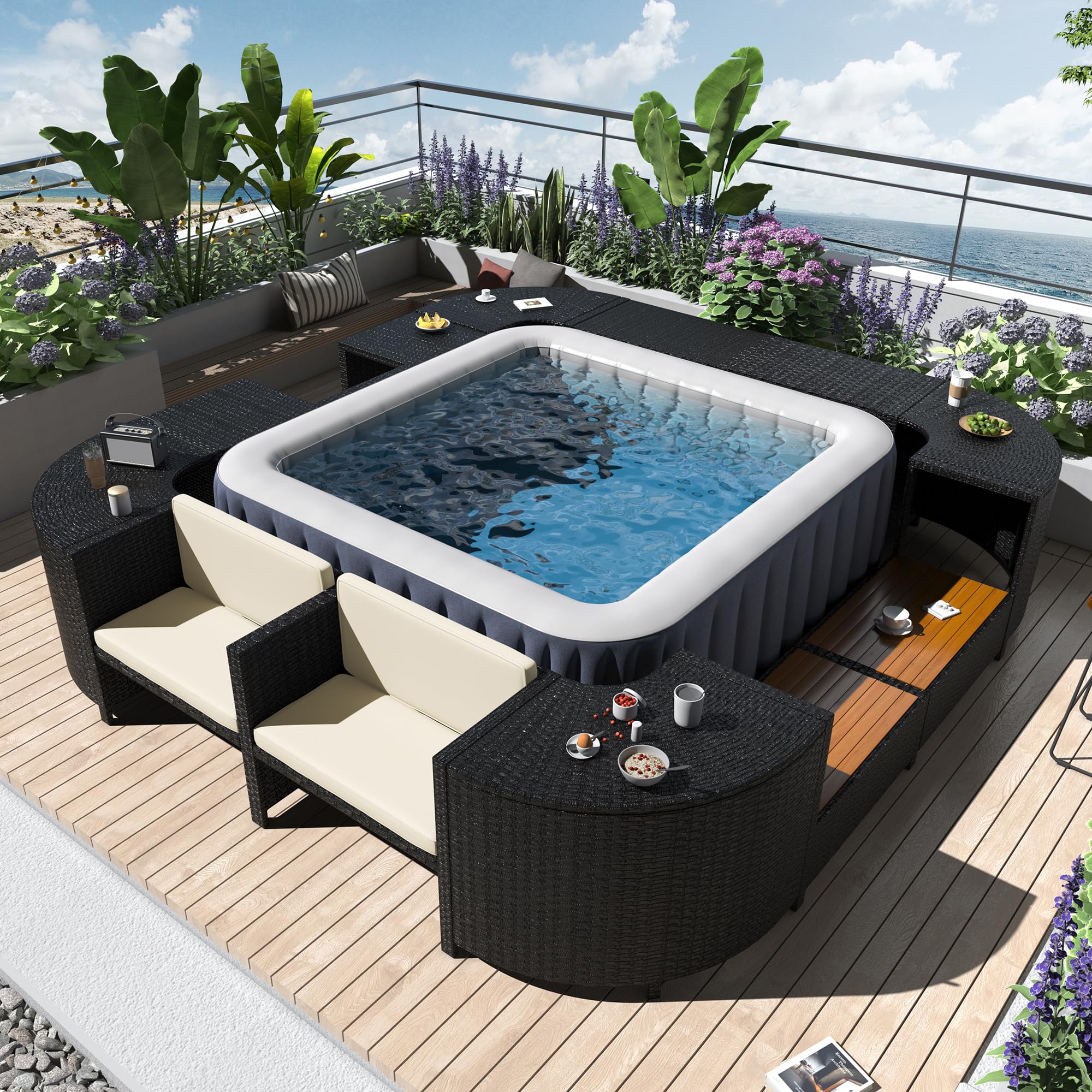 P PURLOVE Spa Surround, Quadrilateral Patio Rattan Sofa Set with Storage Spaces, Mini Sofa, Wooden Seats and Comfortable Cushions for Patio, Backyard (Beige)