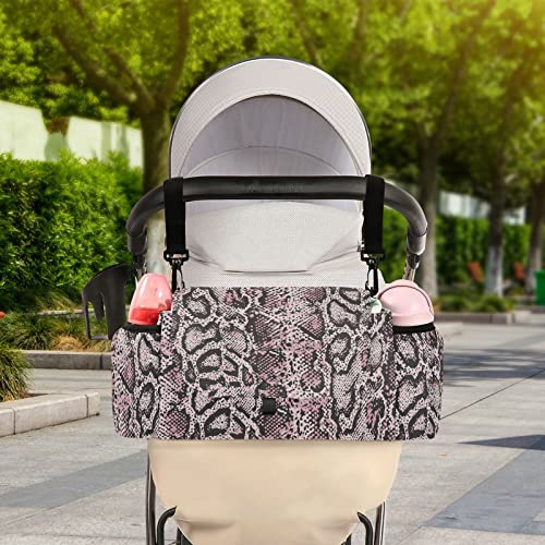 Kigai Pink Snake Print Baby Stroller Organizer with Cup Holders, Secure Hooks Accessories Adjustable Strap Stroller Bag for Bottle, Diaper, Phone, Toys, Baby Items