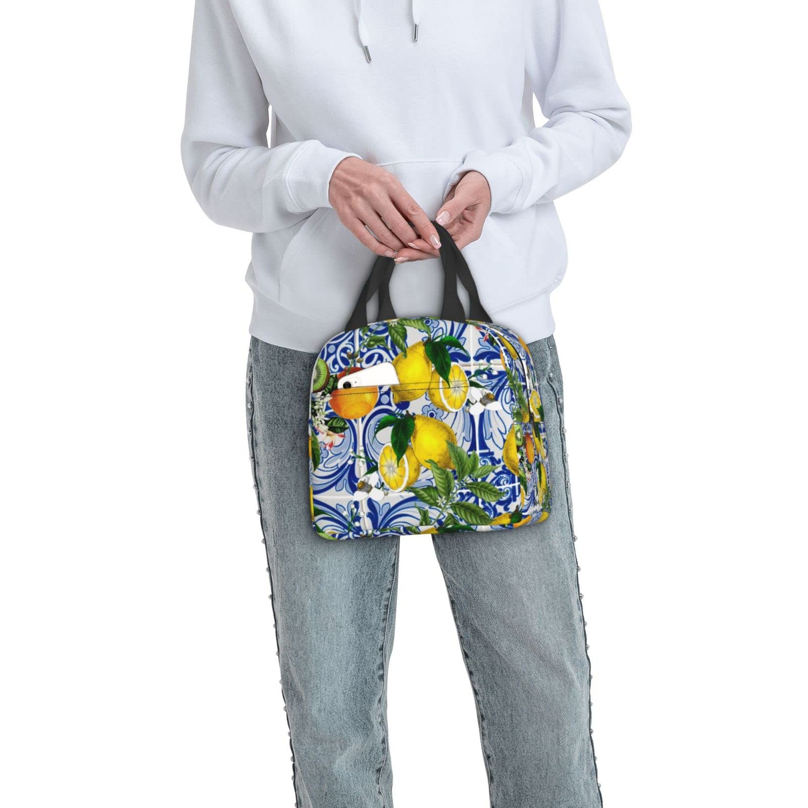 Larklitz Mediterranean Lemon On Blue Ceramic Tiles Reusable Insulated Lunch Bag for Women and Men, 8.5"x8"x5"/22x20x13 cm, Polyester