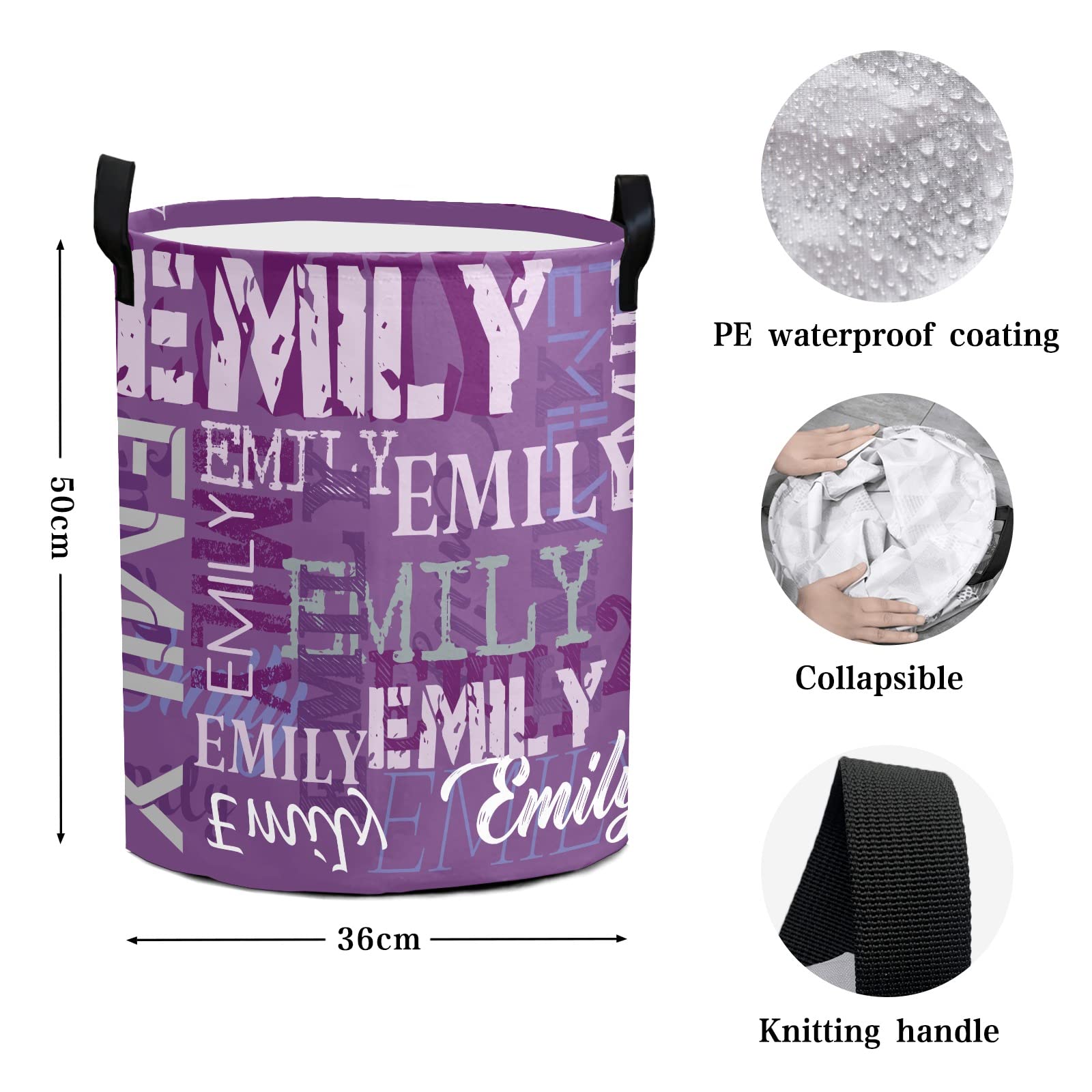 Monogram Word Letter Round Storage Basket Personalized Name Laundry Basket Waterproof Nursery Hamper with Handle for Living Room Bedroom and Clothes