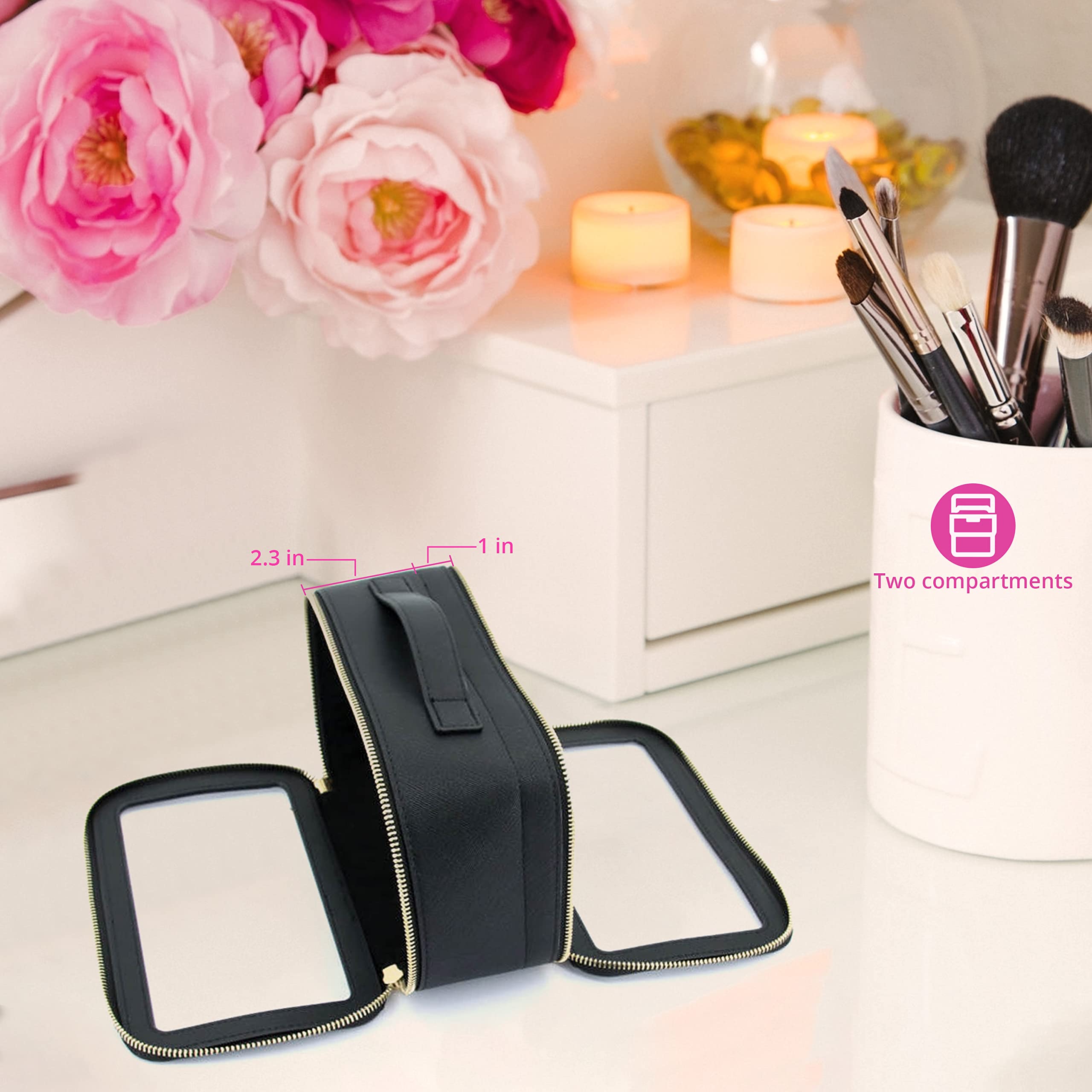 LUXLINE Clear Makeup Bag | TSA Approved Travel Toiletry Bag and Cosmetic Bag | Waterproof and Durable Makeup Case with Two Compartments, Black, KS-CB-20121001