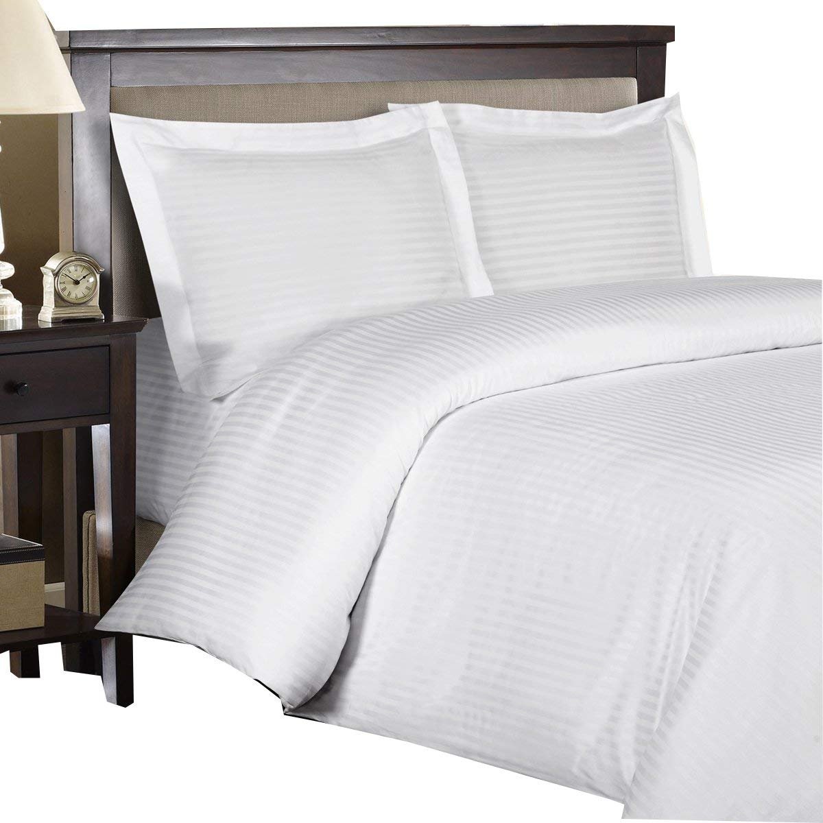 Royal Hotel Cotton-Blend Duvet Covers Wrinkle-Free Soft Cool and Breathable - Striped 650 Thread-Count 3pc Duvet Cover Set, King/Cal-King Size, White