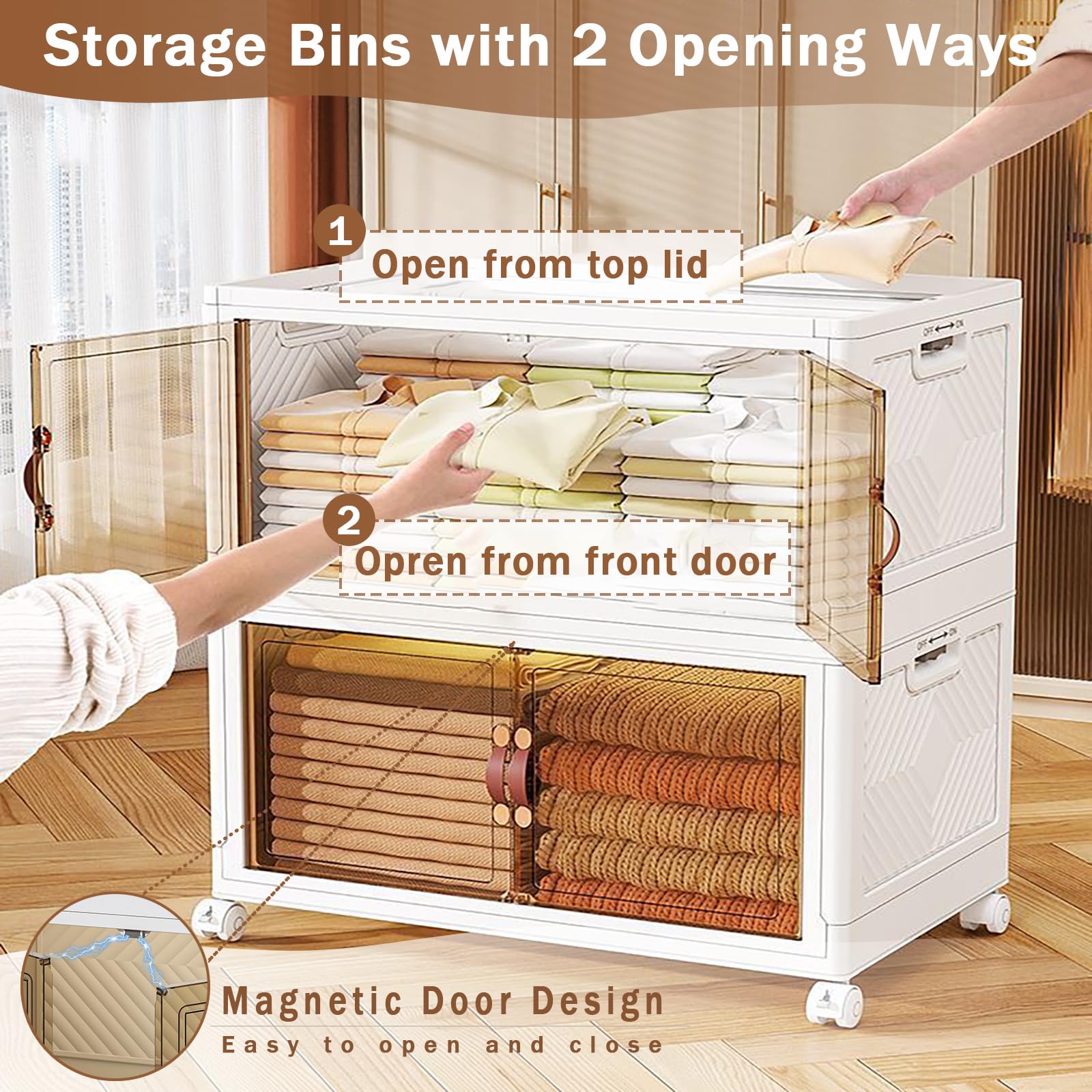 Jacriah Plastic Storage Bins with Lids, 4 Layer Collapsible Storage Bins with Doors,14.7 Gallon Folding Storage Boxes with Wheels for Closet Organizer, Stackable Home Cabinet Storage Bins with Handles