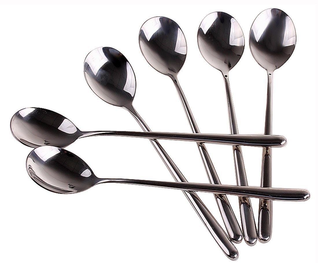 Korean Stainless Steel Rice Soup Iced Tea Spoon Coffee Spoon Cold Drink Spoon Fruit Juice Long Ice Scoop Long handle Great Circle 6Pcs