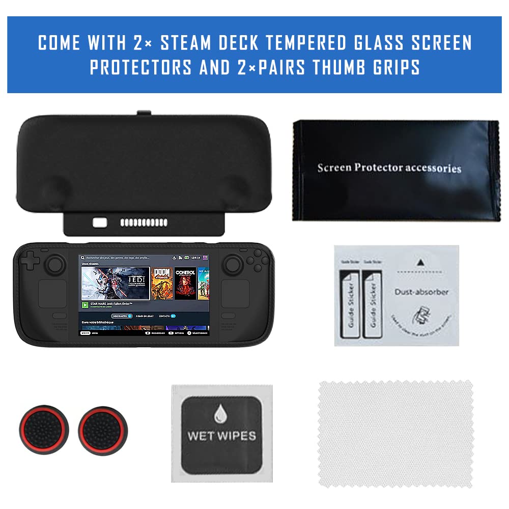 KMCIA Flip Cover for Steam Deck with 2 Pack Screen Protectors, Slim Protective Case with Magnetically Detachable Front Cover & Anti-Slip Thumb Caps Compatibe with Steam Deck -Black (Flip)