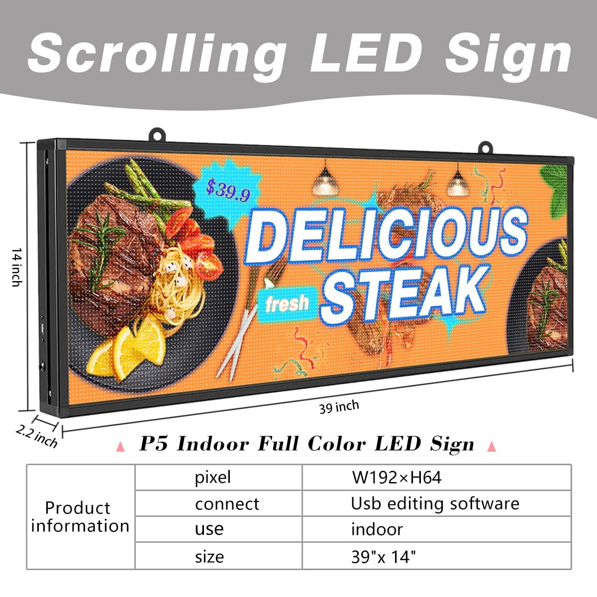 P5 LED Sign Display WiFi + USB Programmable RGB Full Color LED Scrolling Sign Board 39''x14'' High-Definition and High-Brightness LED Billboards Support Image, Video, Text, and Date Display