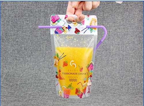 LASLU Zipper Clear Stand-Up Pouches Bags with Plastic Straw,8mil Heavy Duty Hand-held Drinking Bags 1.5" Bottom Gusset, 100 Pack (400ml, Fruits)