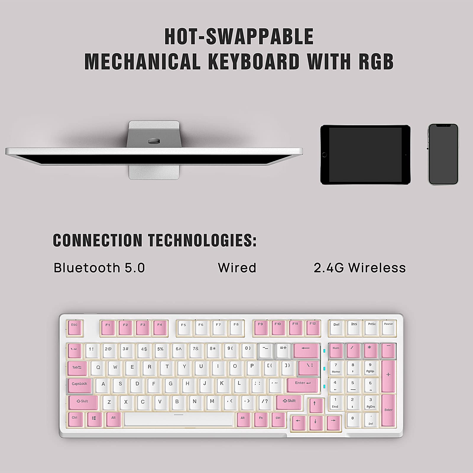 KOLMAX 98Key RGB Hot-swappable Mechanical Gaming Keyboard, 2.4G Wireless/BT5.0/Wired with PBT Double-Shot Pudding Keycaps Pink-White Gaming Keyboard for Mac & Win Programmable Macro (Pink Switches)