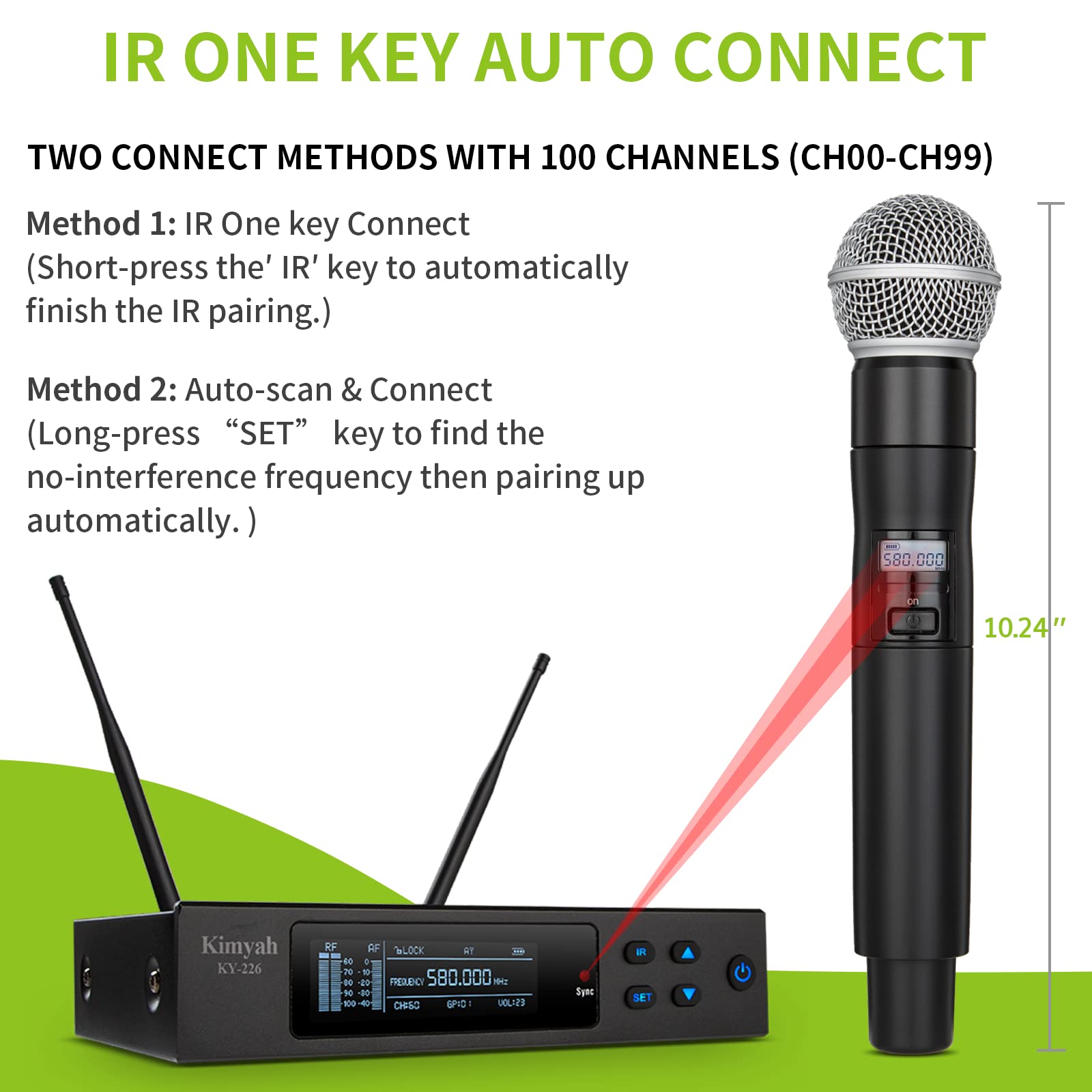 Kimyah True Diversity 492ft Wireless Handheld Microphone System, 100 Channels UHF Cordless Microphone for singing, Auto IR Connect Microphone Wireless & System Suitable for Church, Wedding,DJ, Karaoke