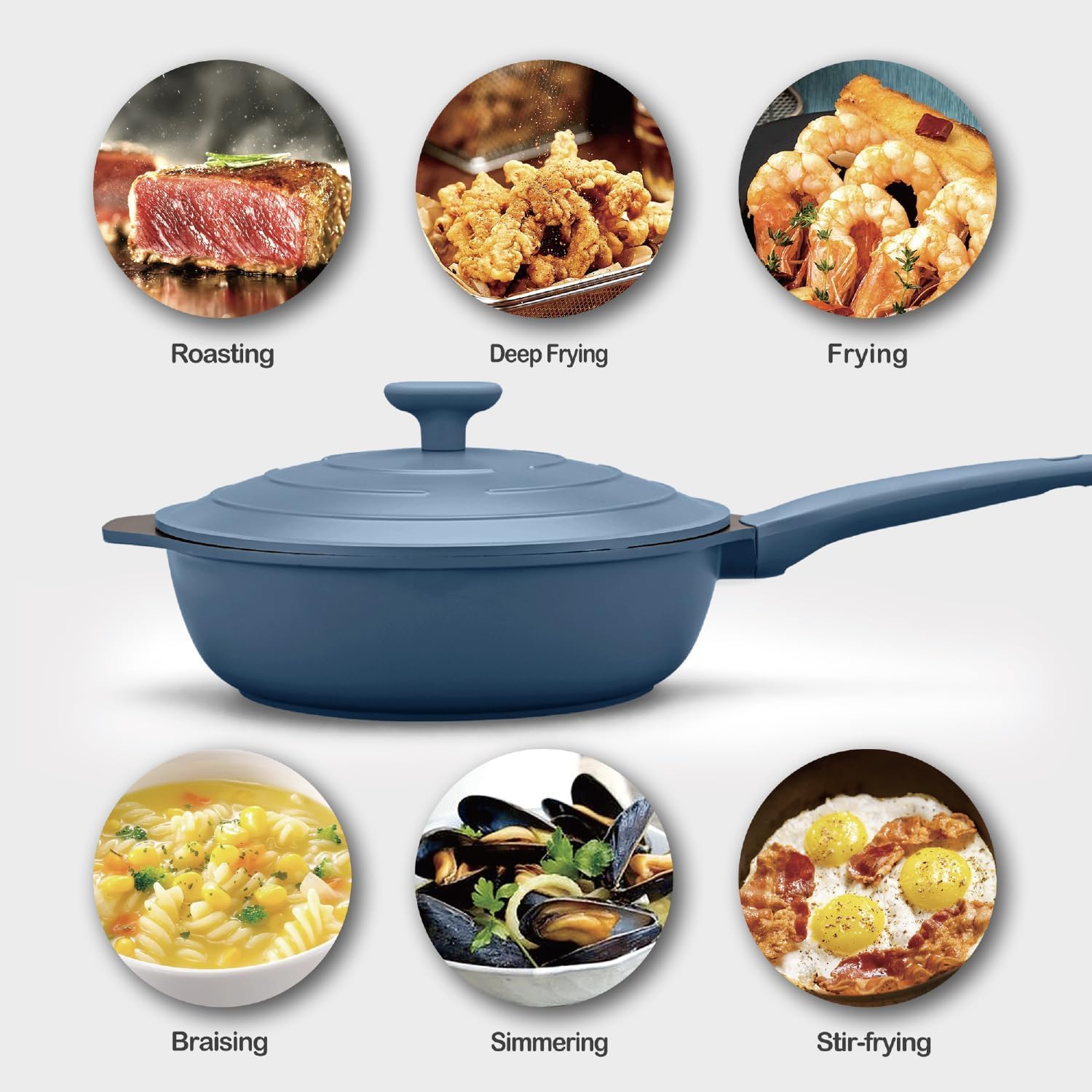 LIGTSPCE Always Nonstick Multipurpose Saute pan,All-in-One Pan,Large Skillet with Strainer,Deep Frying Pan with Lid(11-inch), PFOA Free non stick chef’s pan,Dishwasher and Oven Safe(Cerulean)