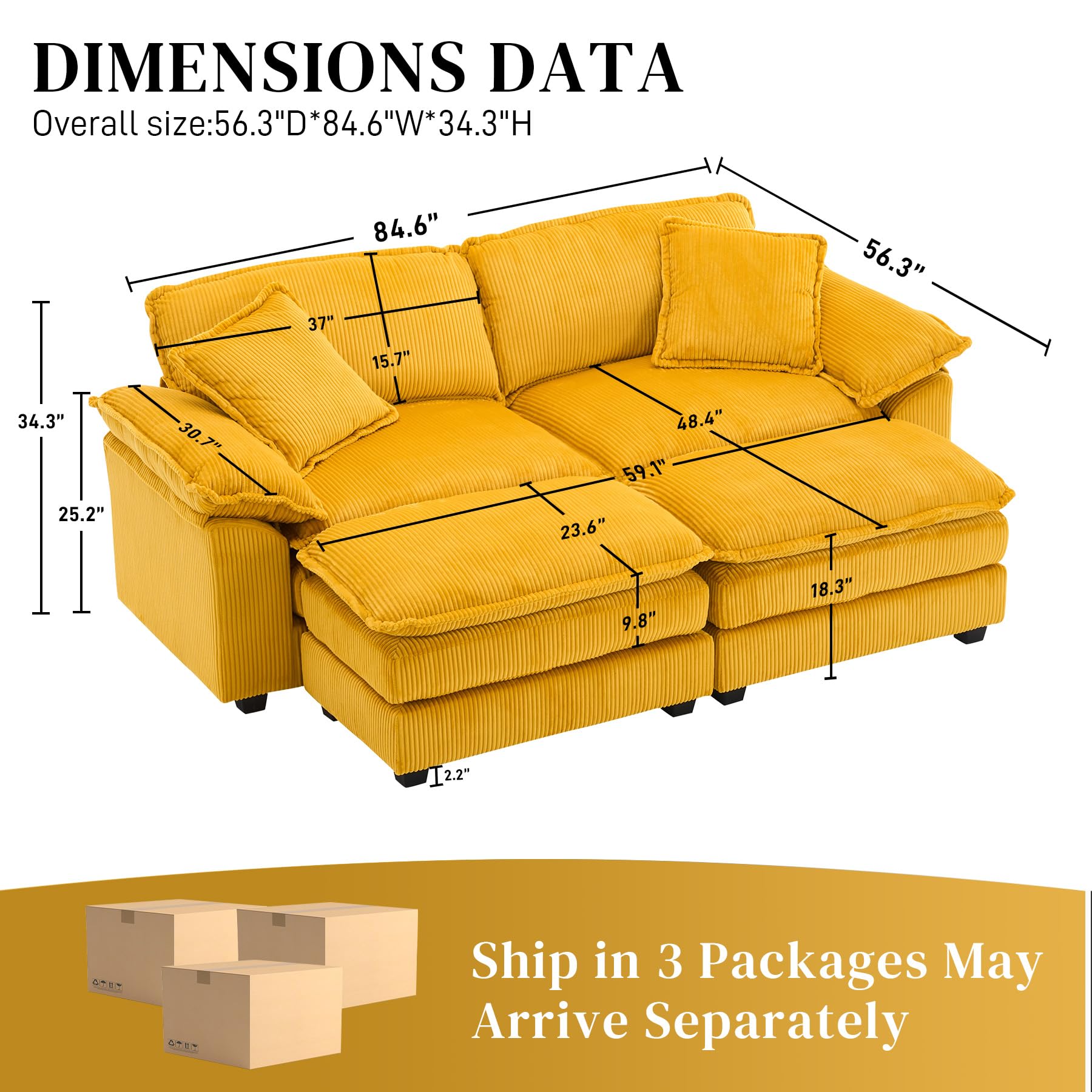 ONEMMLION 84.6" Modular Sectional Sofa Oversized Loveseat, Modern Upholstered Cloud Couch with 2 Ottoman, Comfy Corduroy Deep Seat Sleeper Sofa for Living Room, Small Space, Yellow