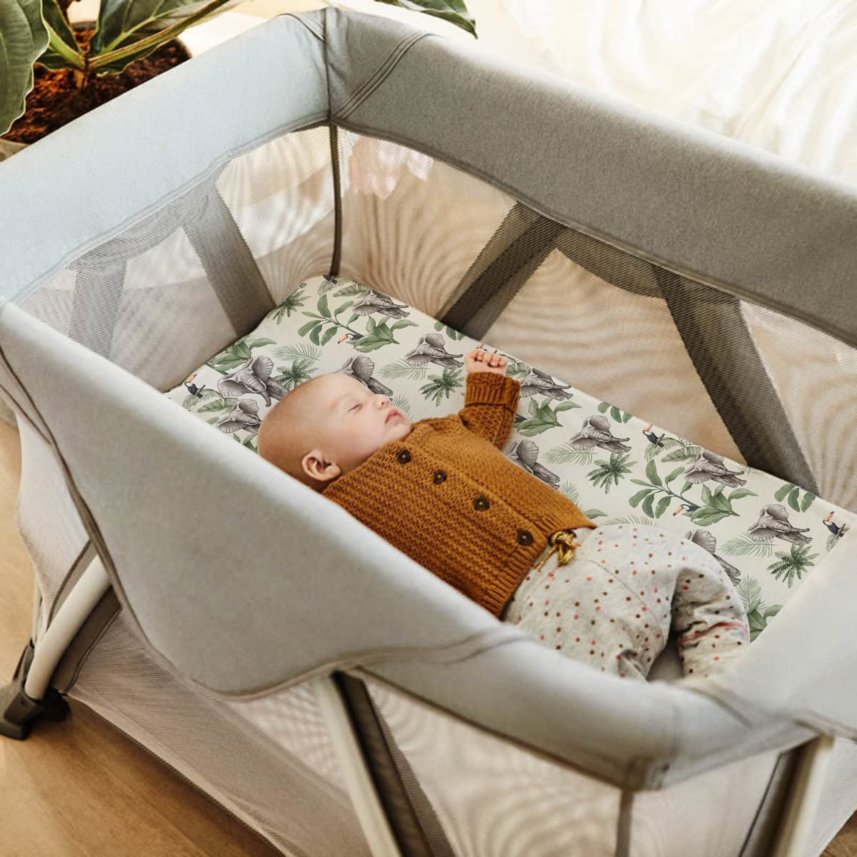 Pack n Play Sheets, BROLEX 2 Pack Mini Crib Sheets,Stretchy Portable Fitted Playard Sheet Set, Convertible Playard Mattress Cover,Ultra Soft Breathable Material,Elephant Toucan