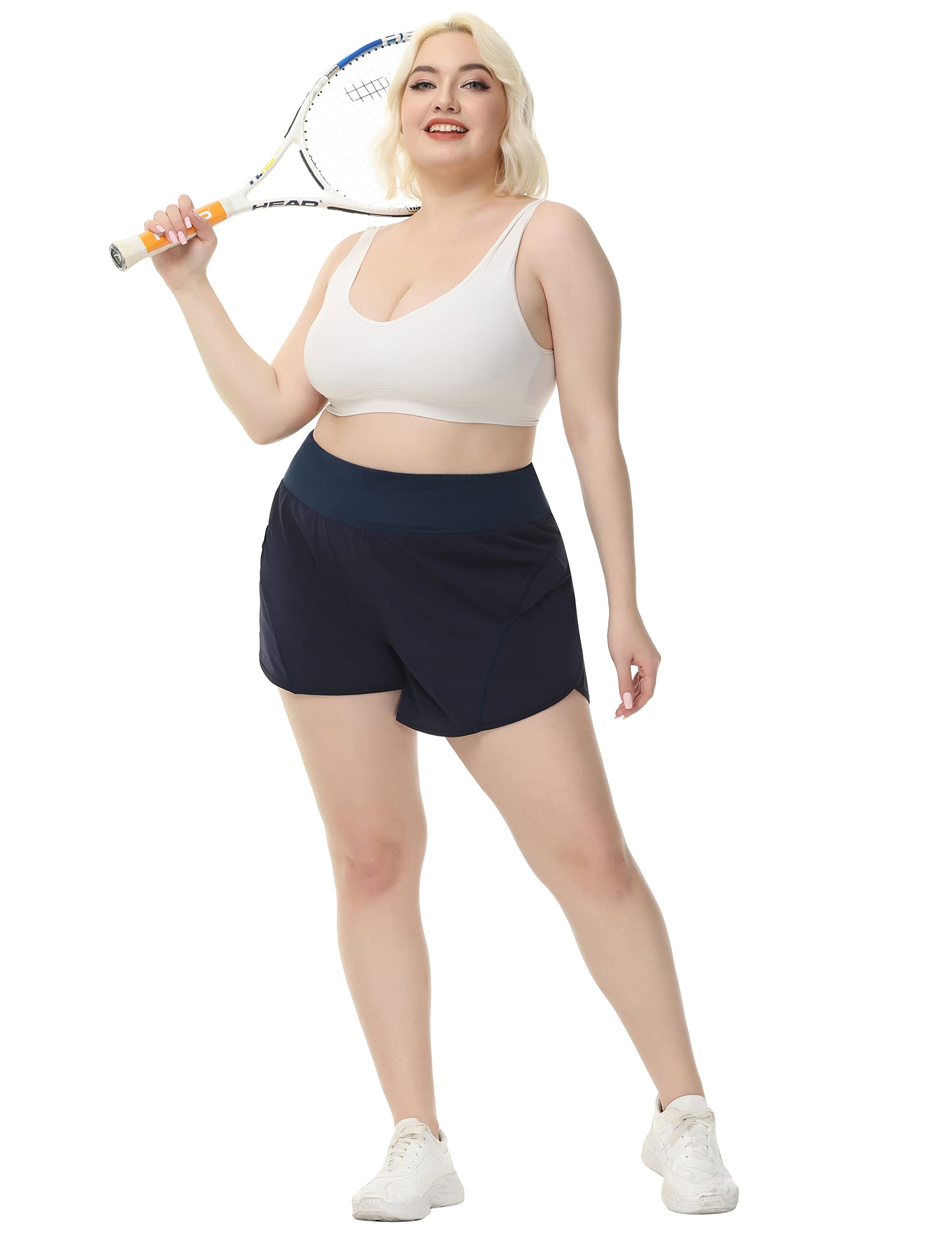 Hanna Nikole Womens High Waisted Running Shorts Quick Dry Athletic Workout Shorts with Liner Zipper Pockets 16W Navy Blue