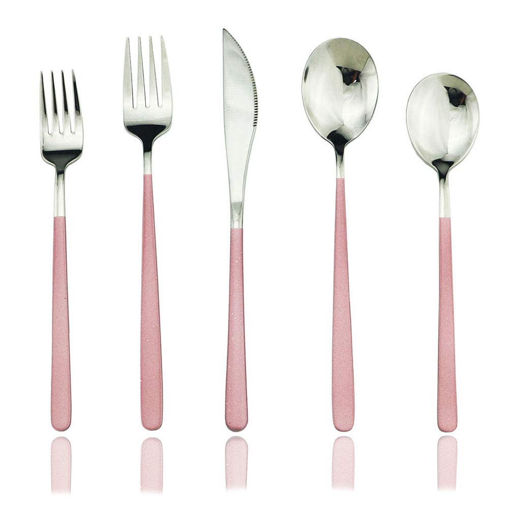 JASHII 20-Piece SUS304 Stainless Steel Flatware Set, Mirror Polishing Dinnerware Set Service for 4, Knife/Fork/Spoon/Dessert Spoon/Dessert Fork (Pink silver)