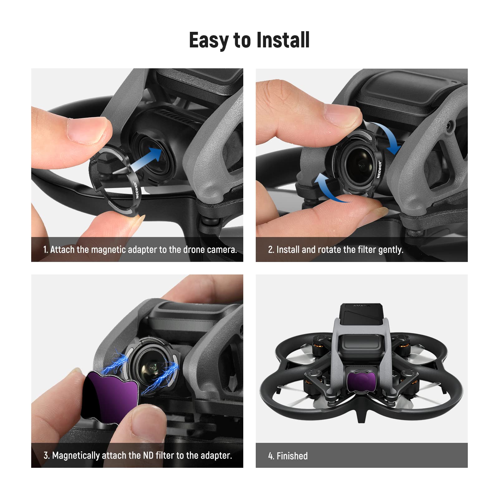 NEEWER 4 PCS Magnetic ND Filter Set Compatible with DJI Avata Pro Mini FPV Drone Camera Lens Accessories, Aluminum Alloy Frame Multi Layer Coated HD Neutral Density Filters: ND8, ND16, ND32, ND64