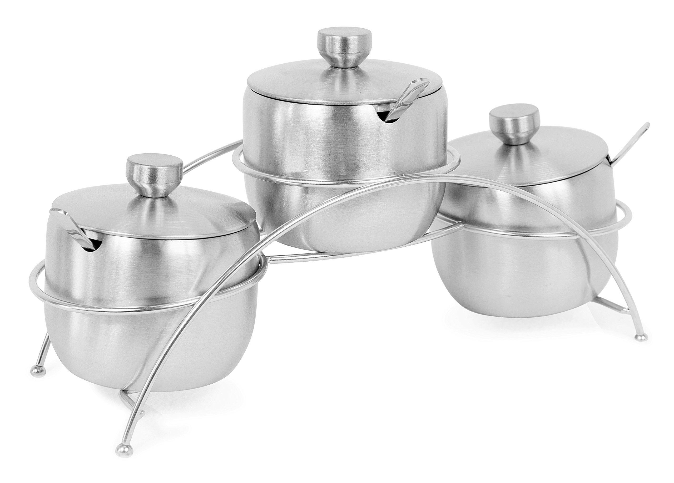 Internet's Best Condiment Serving Bowls with Stand - Set of 3 - Catering Hosting Serving Dish Set with Lids and Spoons - Stainless Steel