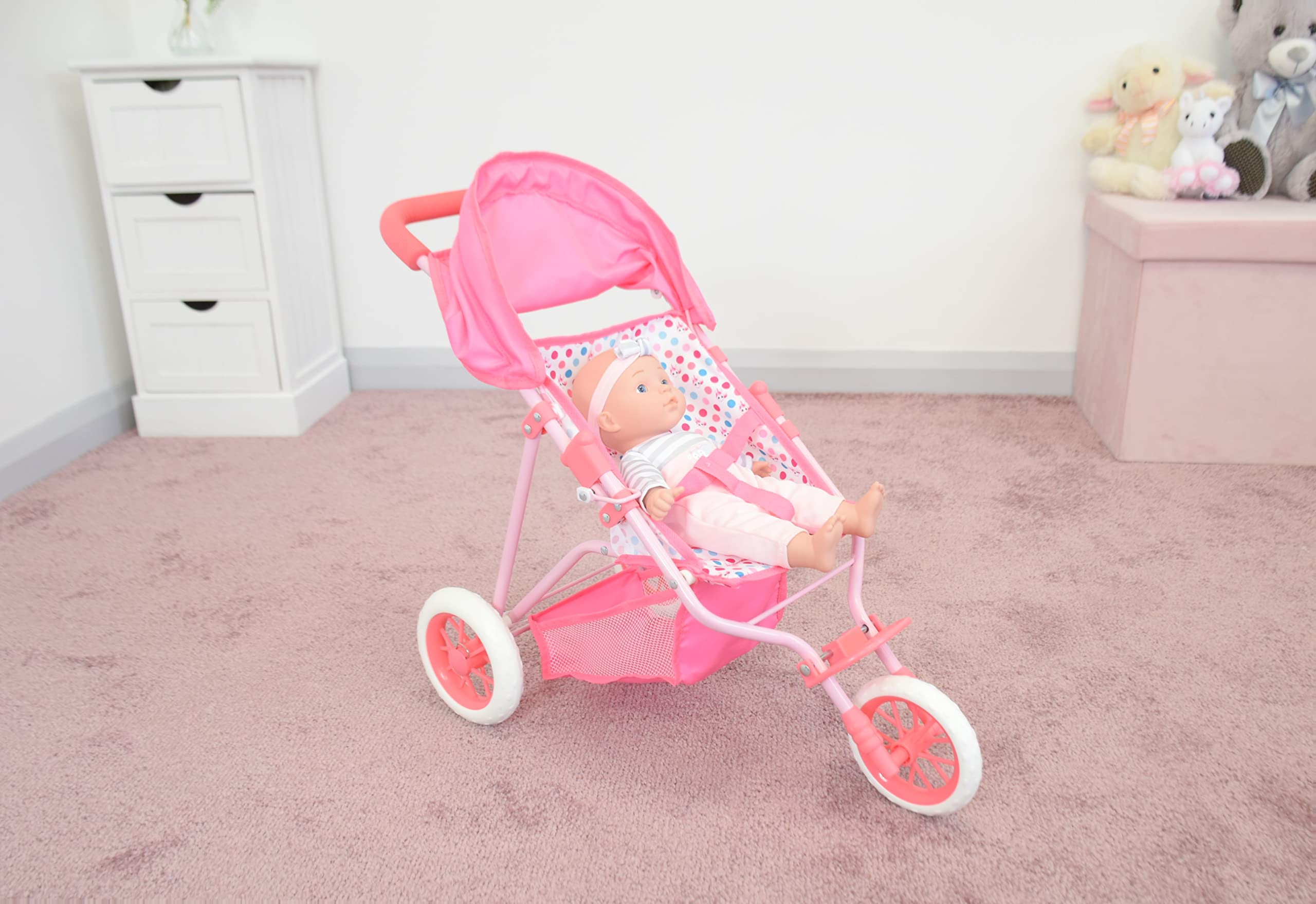KOOKAMUNGA KIDS Baby Doll Stroller - Foldable Baby Stroller for Dolls - Play Stroller & Jogger w/Retractable Canopy Doll Footrest and Soft Grip Handle - Ideal for Baby Dolls up to 18" - Pink Unicorn