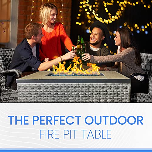 Modenzi Fire Pit Propane Gas Outdoor Rectangular Table Ceramic Tile Tabletop Handwoven PE Wicker with Auto Ignition, Lid, Weather Cover and Glass Beads (Grey)
