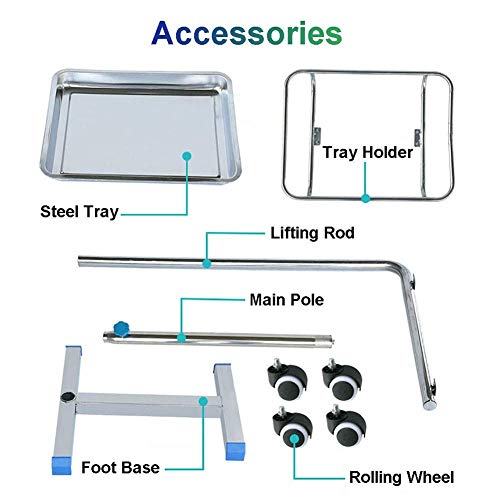 Medical Equipment Rolling Cart for Operating Room, Adjustable Height, Stainless Steel Surgical Tray Trolley with Universal Wheel, PIBM