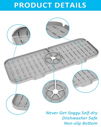 Large Silicone Dish Drying Mat with Faucet Mat - 20" x 16" - Dish Drying Mat, Dish Drainer Mat for Kitchen Counter, Heat Resistant Hot Pot Pad, Non-Slip Sink Mat, BPA Free, Dish Washer Safe(Grey)