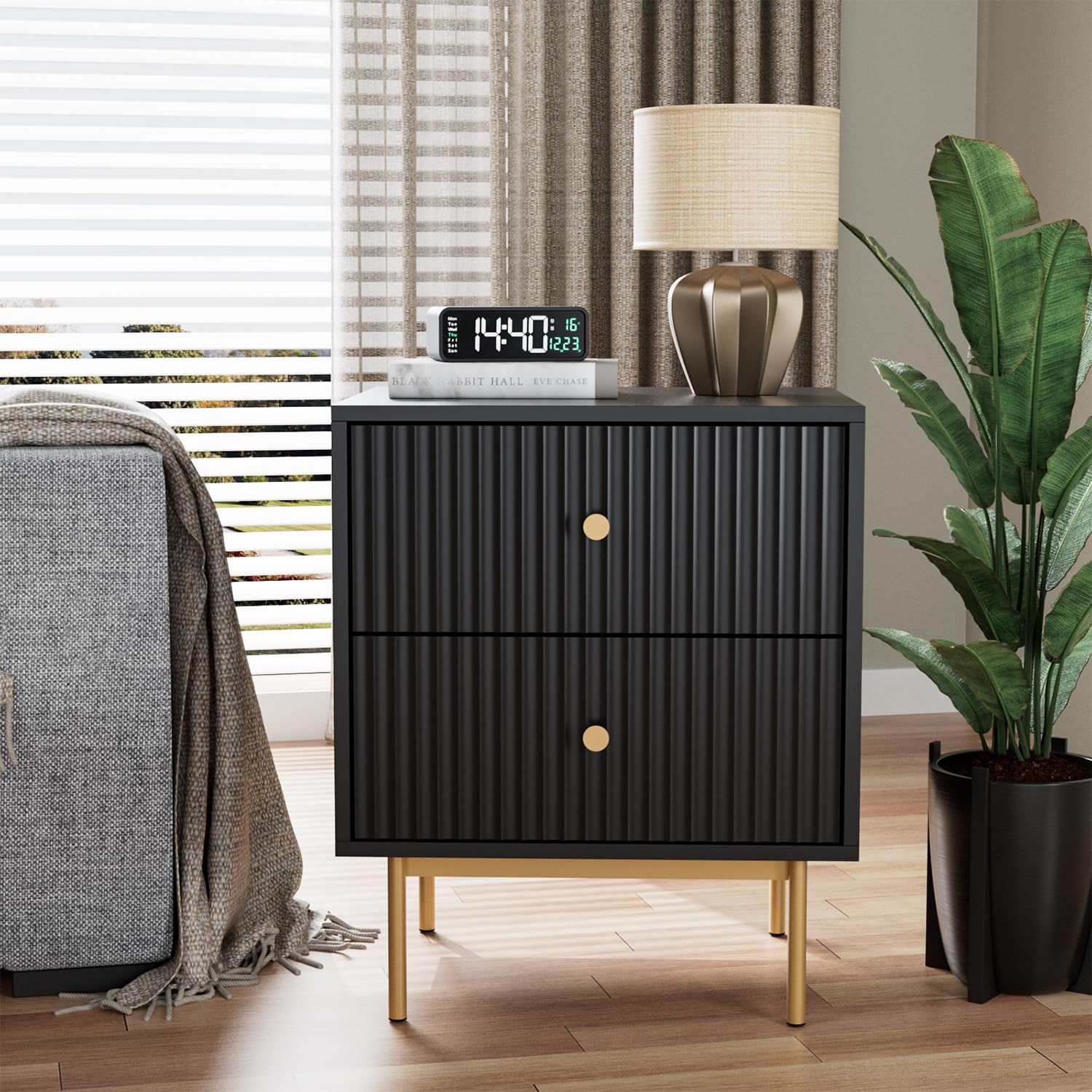 ORGANSANDS Black Nightstand Set of 2 for Bedroom, Fluted nightstand with 2 Drawers, Modern Storage Bedside Table with Wide Tabletop, End Tables with Gold Metal Legs & Handle