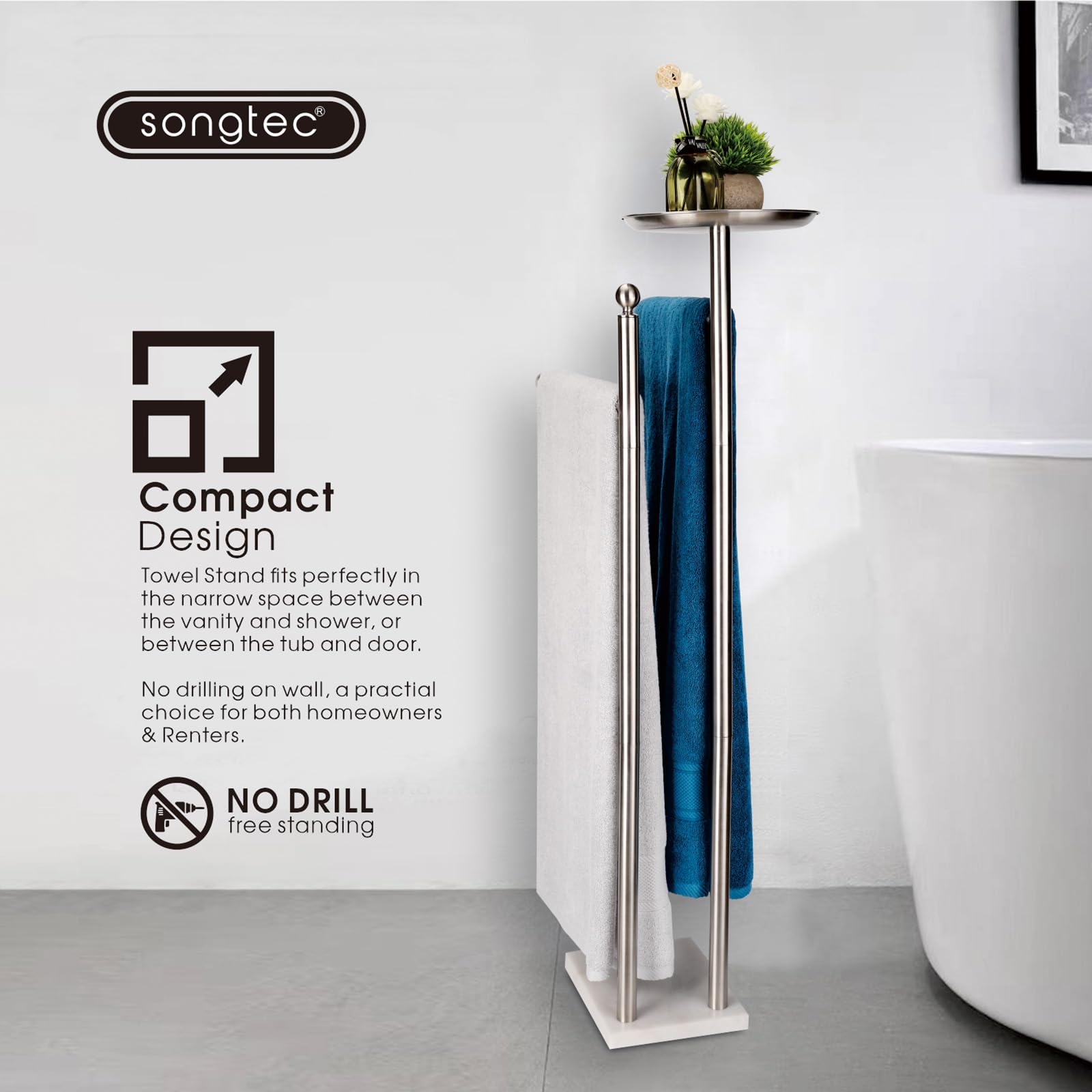 Songtec Towel Rack Stand for Bathroom, 2-Tier Towel Holder Stand for Bath Towels Max to 68β & 60β Long, Practical Shelf on Top for Phone, Shampoo, Body Wash