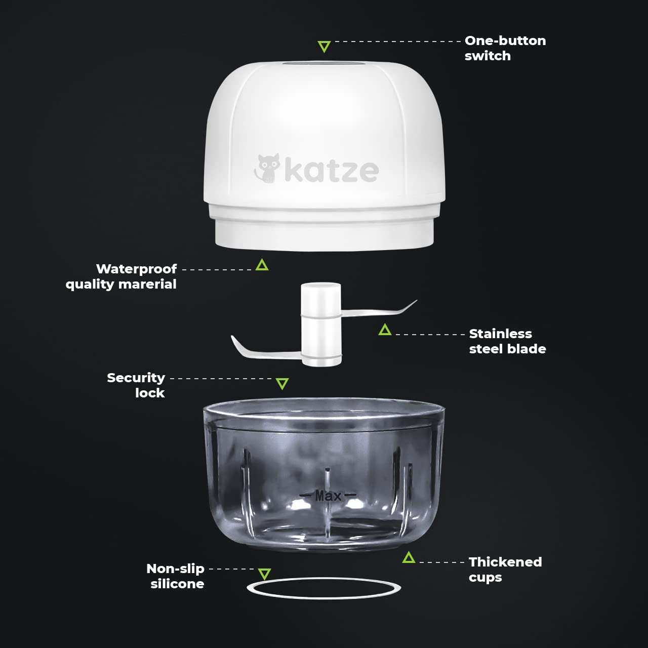 KATZE Electric Mini Food Chopper β Small Processor For Garlic, Onion, Vegetables, Fruit Salad, Dicing & Puree β Mincer For Kitchen (White, 250 ml + 100 ml)