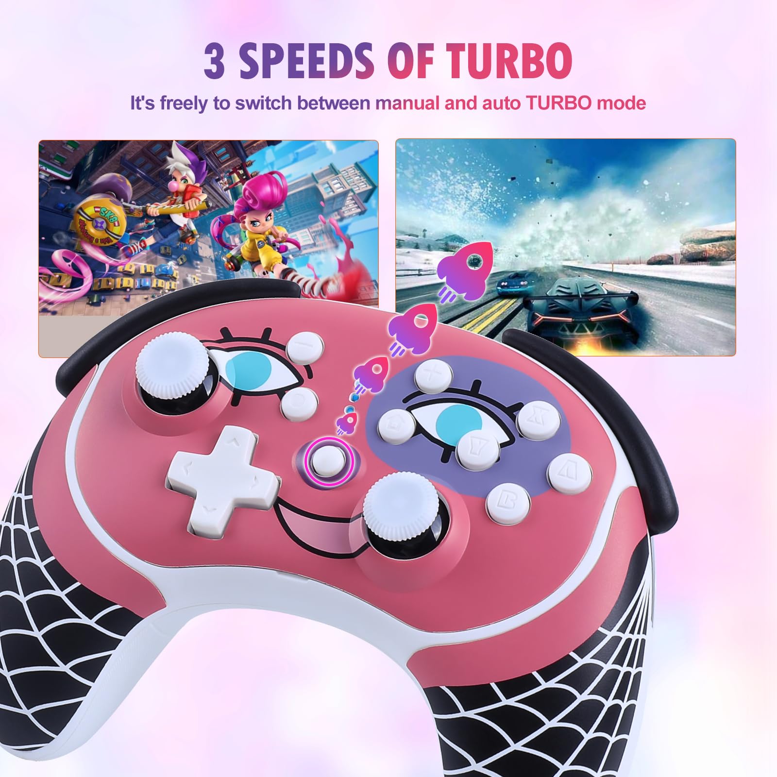 KINGEAR Wireless Switch Controller, Cute Dog Switch Pro Controller for Switch/Lite/OLED, Gaming Controller Gamepad with Wake-up,Dual Vibration,Gyro Axis,Turbo & Programmable Function,2 DIY Magnetic Replacement Cover(Purple+Pink)