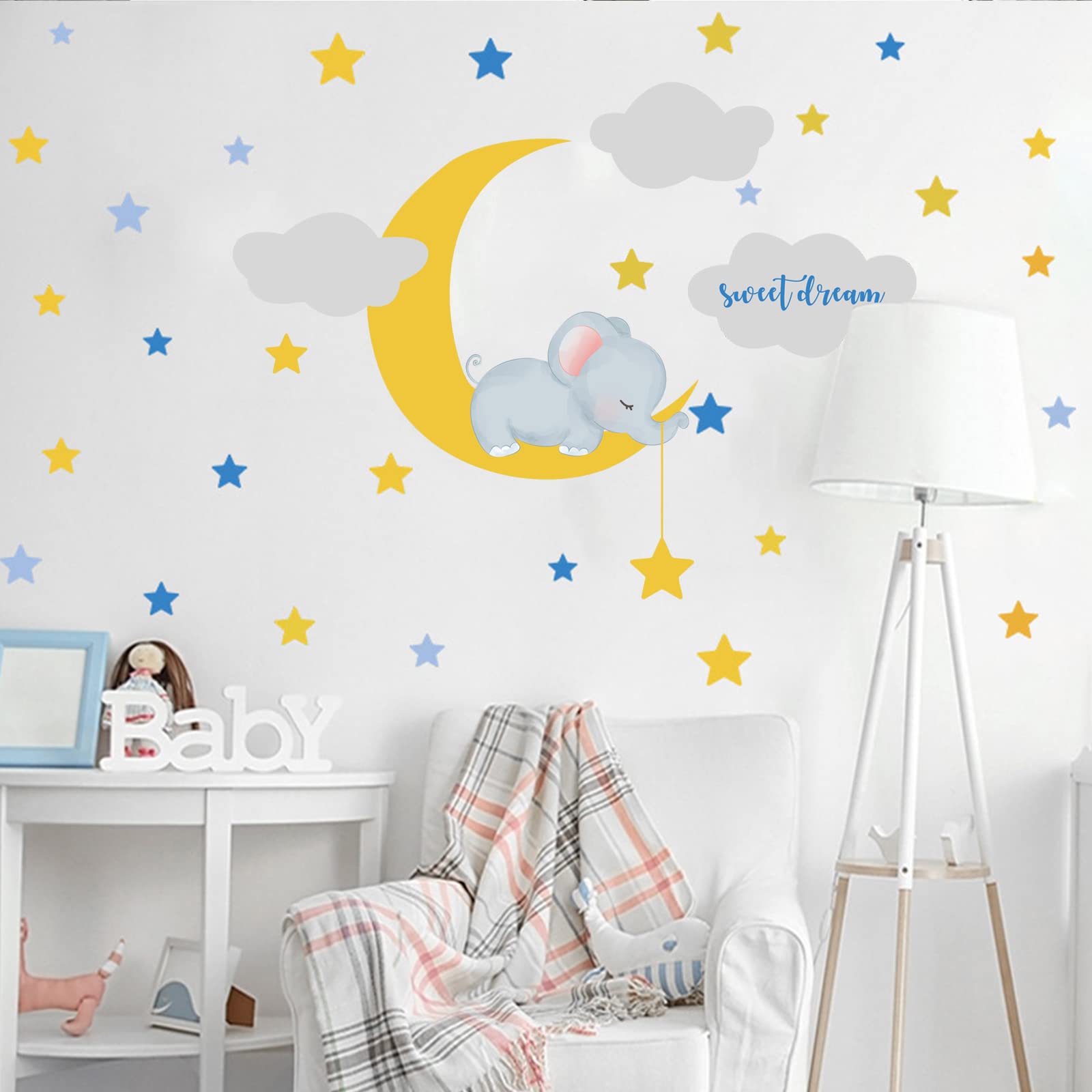 Moon and Stars Wall Stickers, Sleeping Elephant Wall Decals Sweet Dream Decoration for Baby Room Kids Bedroom Nursery and Playroom