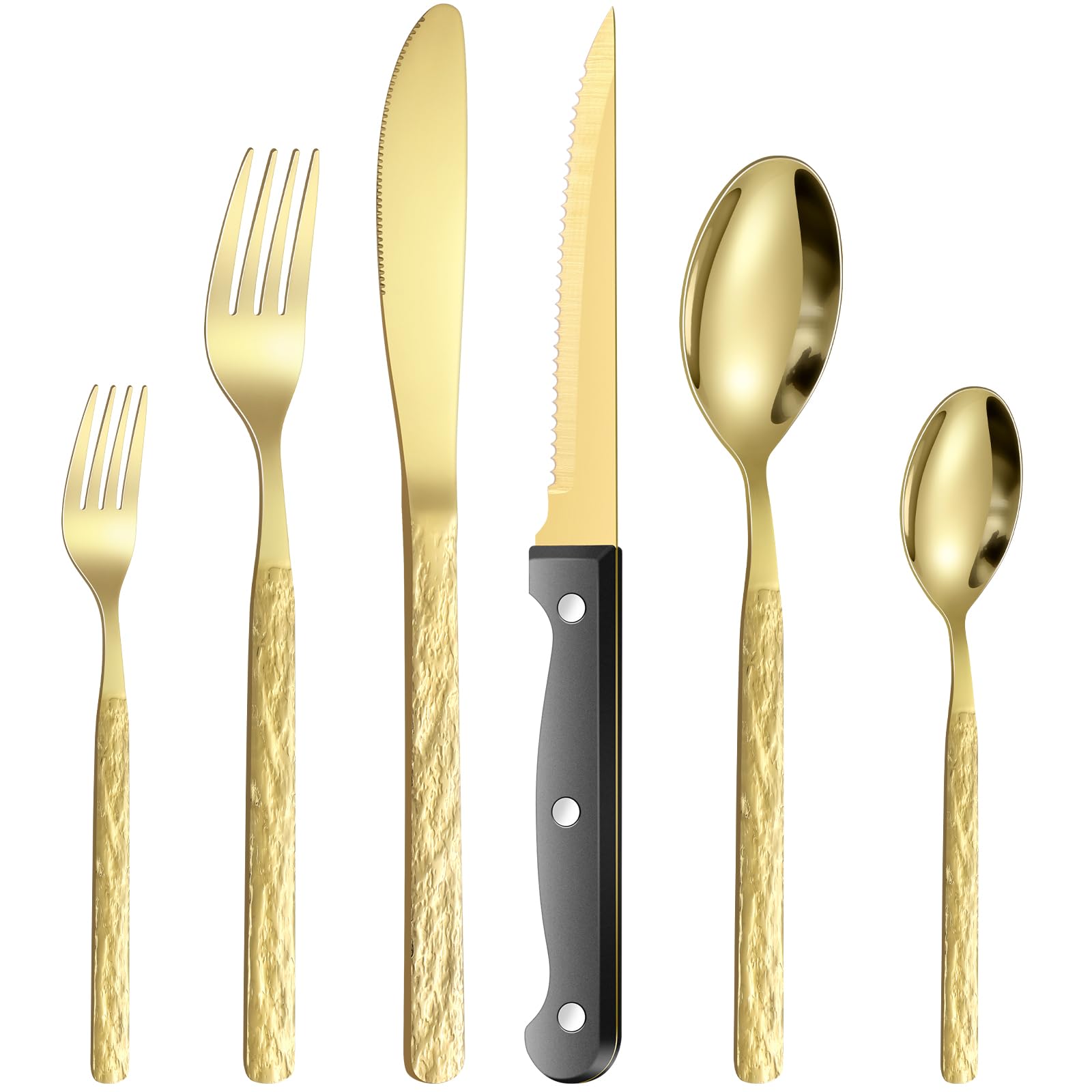 Premium 24-Piece Stainless Steel Cutlery Set with Steak Knives - Golden Silverware Set for Elegant Dining Experience