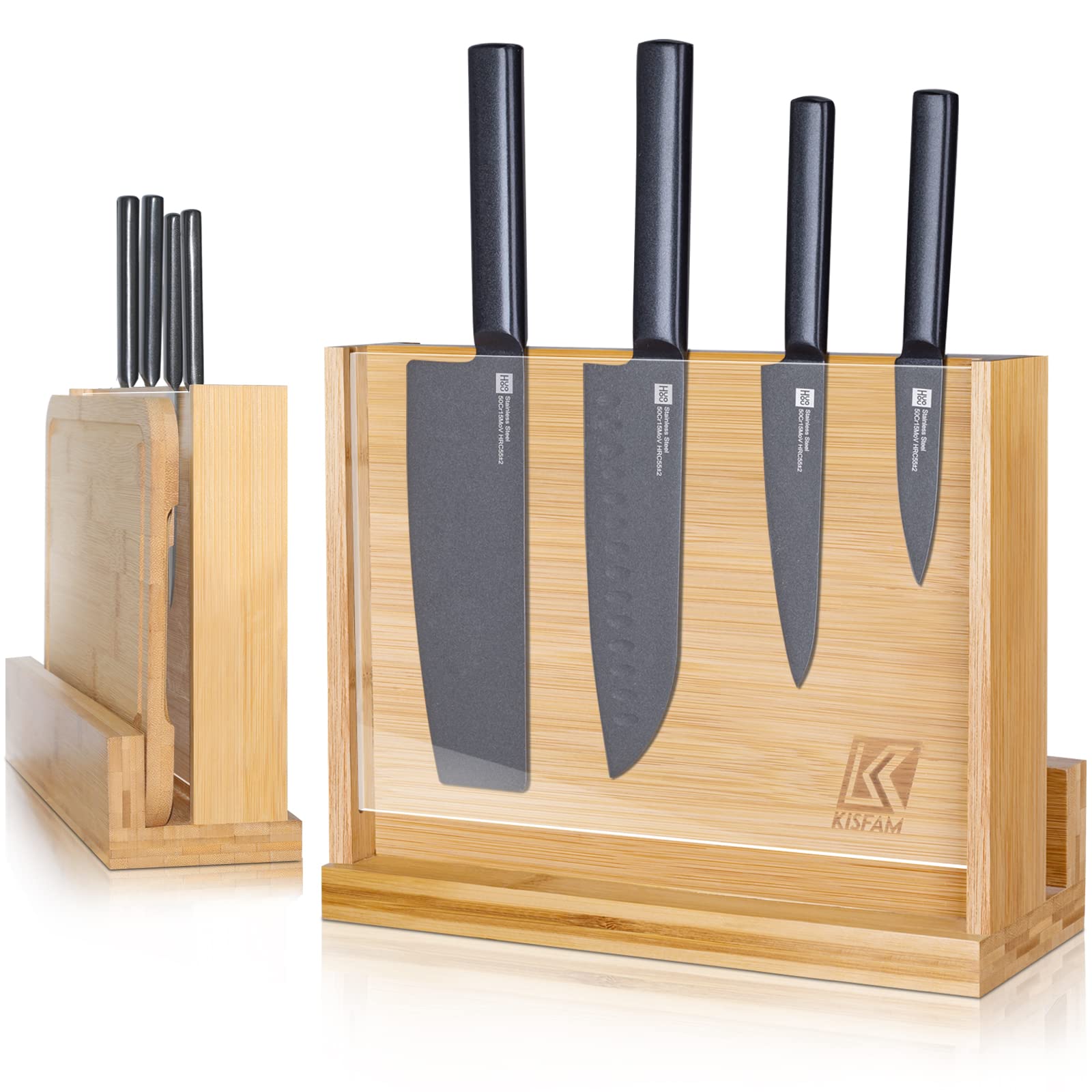 Magnetic Knife Block, Knives Holder Wooden Rack with Double Sided Magnetic and Transparent Acrylic Shield for Kitchen Multifunctional Storage (Without Knives&Cutting Board)