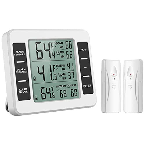 KeeKit Refrigerator Thermometer, Indoor Outdoor Thermometer with 2 Sensors, Wireless Digital Freezer Thermometer with Audible Alarm Temperature Gauge, Min/Max Record for Home, Kitchen β White