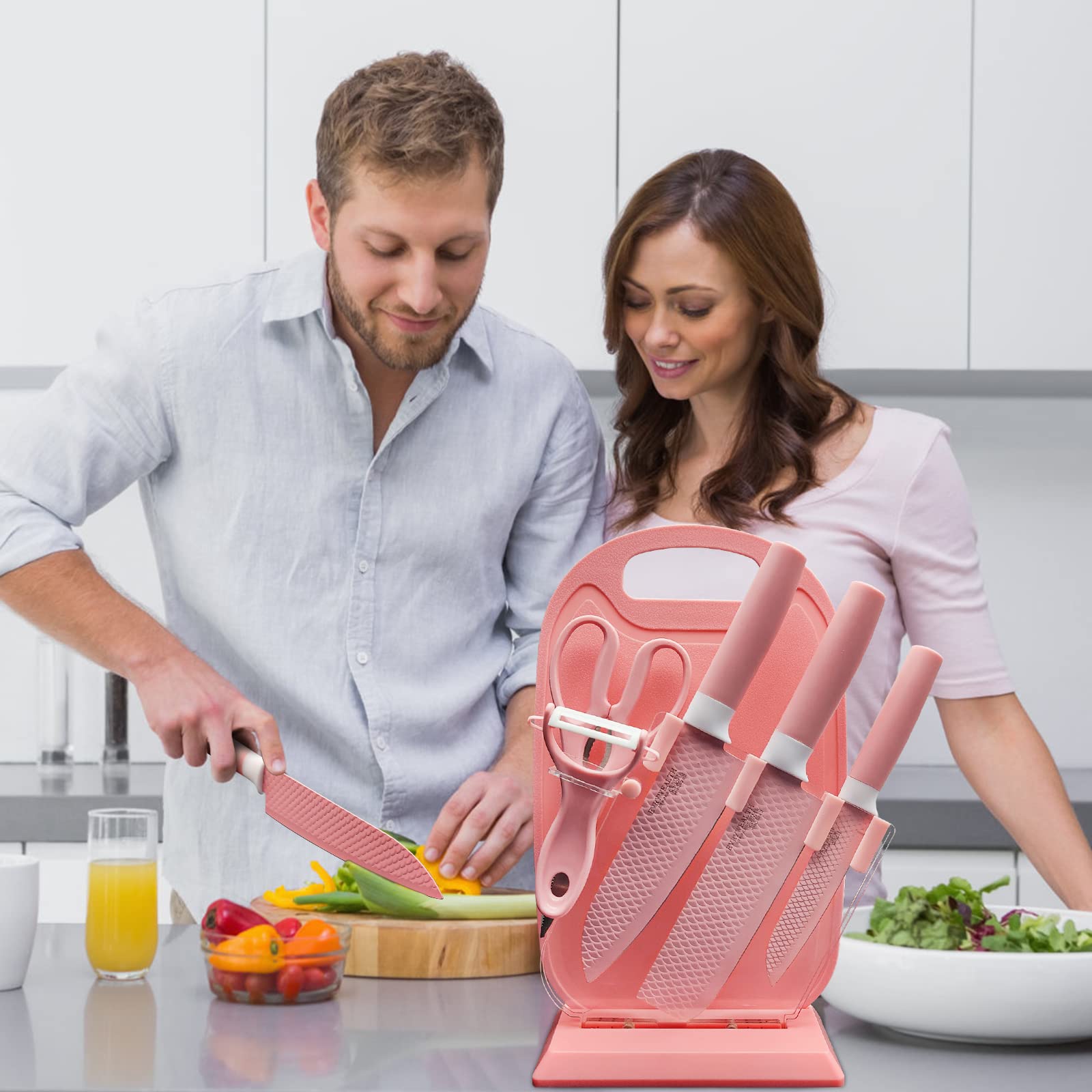 Kitchen Knife Set, Retrosohoo Fish Scales Non-stick Chef Knife Set with Cutting Board and Acrylic Stand, Stainless Steel Sharp Cooking Knives with Gift Box (Pink)