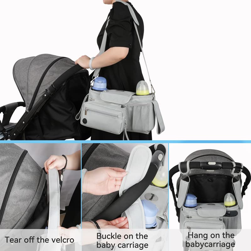 NANAY'S Stroller Bag Organizer with Foldable Baby Changing Pad, Newborn Essentials Insulated Cup Holder Diaper Bag Backpack For Girl And Boy Wipes Dispenser Diaper Caddy Umbrella Pet Storage, Silver