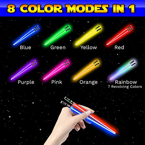 LIGHTSABER CHOPSTICKS LIGHT UP STAR WARS LED Glowing Light Saber Chop Sticks REUSABLE Sushi Lightup Sabers Bright LEDs - 8 Color Modes - 2 Pairs