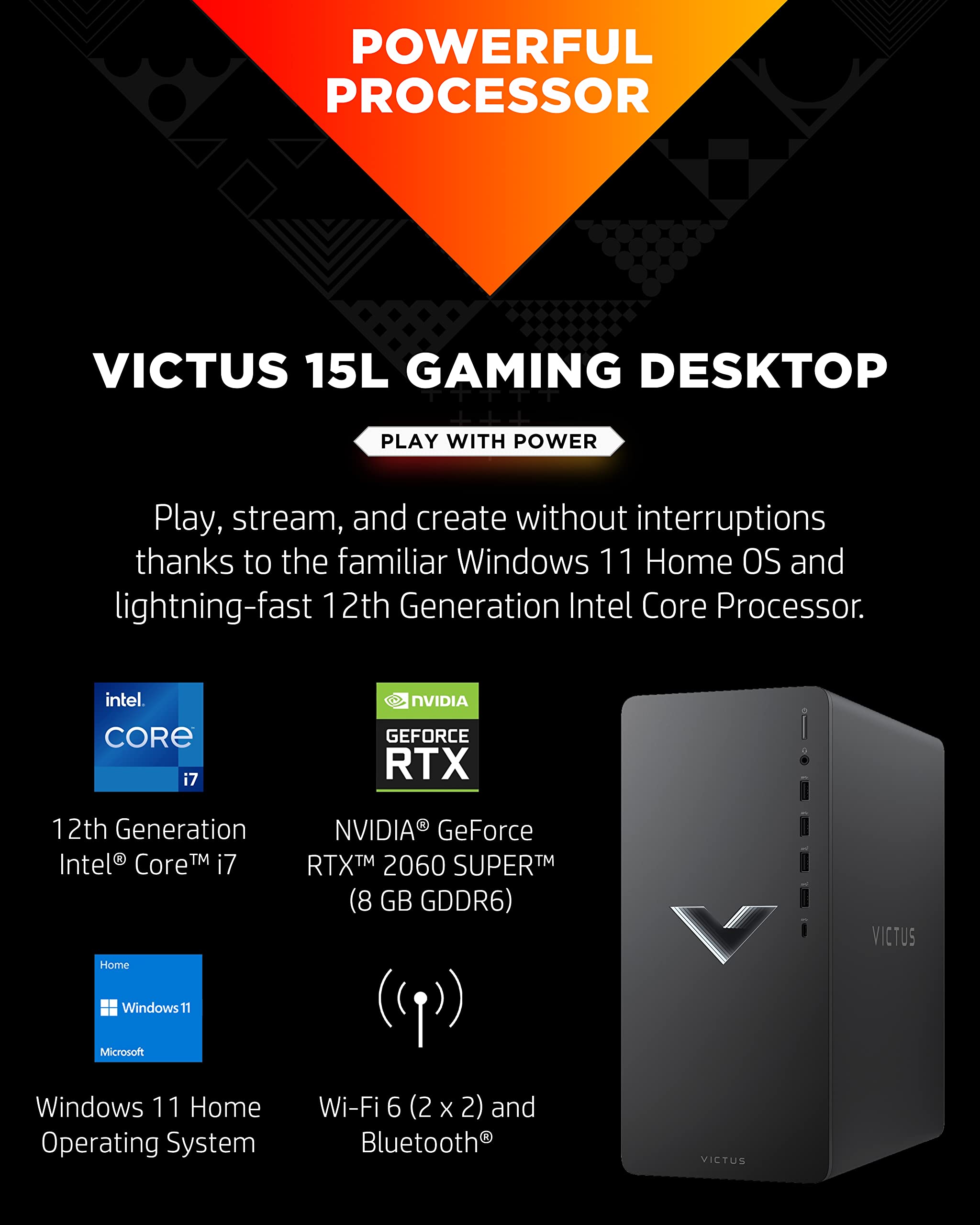 HP Victus Gaming Desktop, Intel Core i7-12700F Processor(Beat Ryzen 7 5700G), NVIDIA GeForce RTX 2060 Graphic, 16 GB RAM, 1 TB SSD, Windows 11 Pro