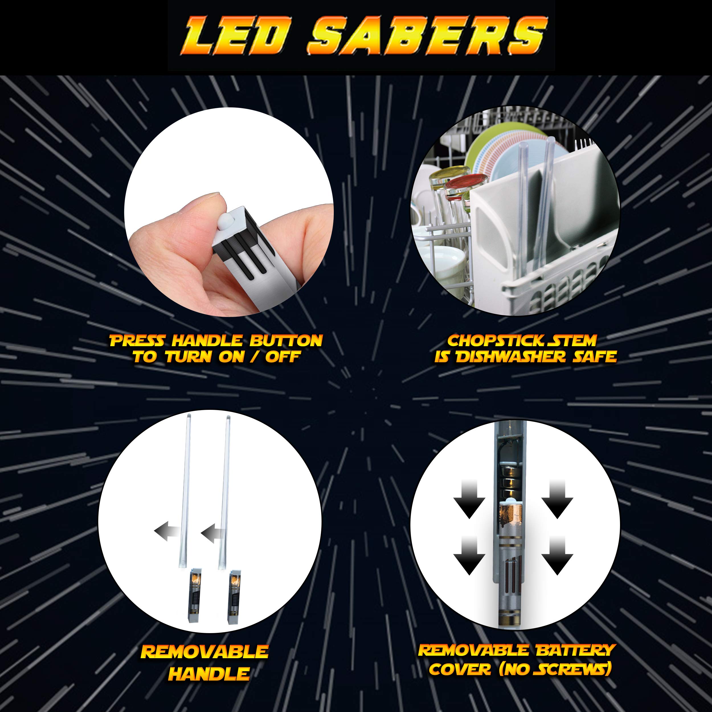 LIGHTSABER CHOPSTICKS LIGHT UP STAR WARS LED Glowing Light Saber Chop Sticks REUSABLE Sushi Lightup Sabers - Removable Handle Dishwasher Safe - Premium GIFT BOX & CARRY CASE Included - YELLOW 1 PAIR