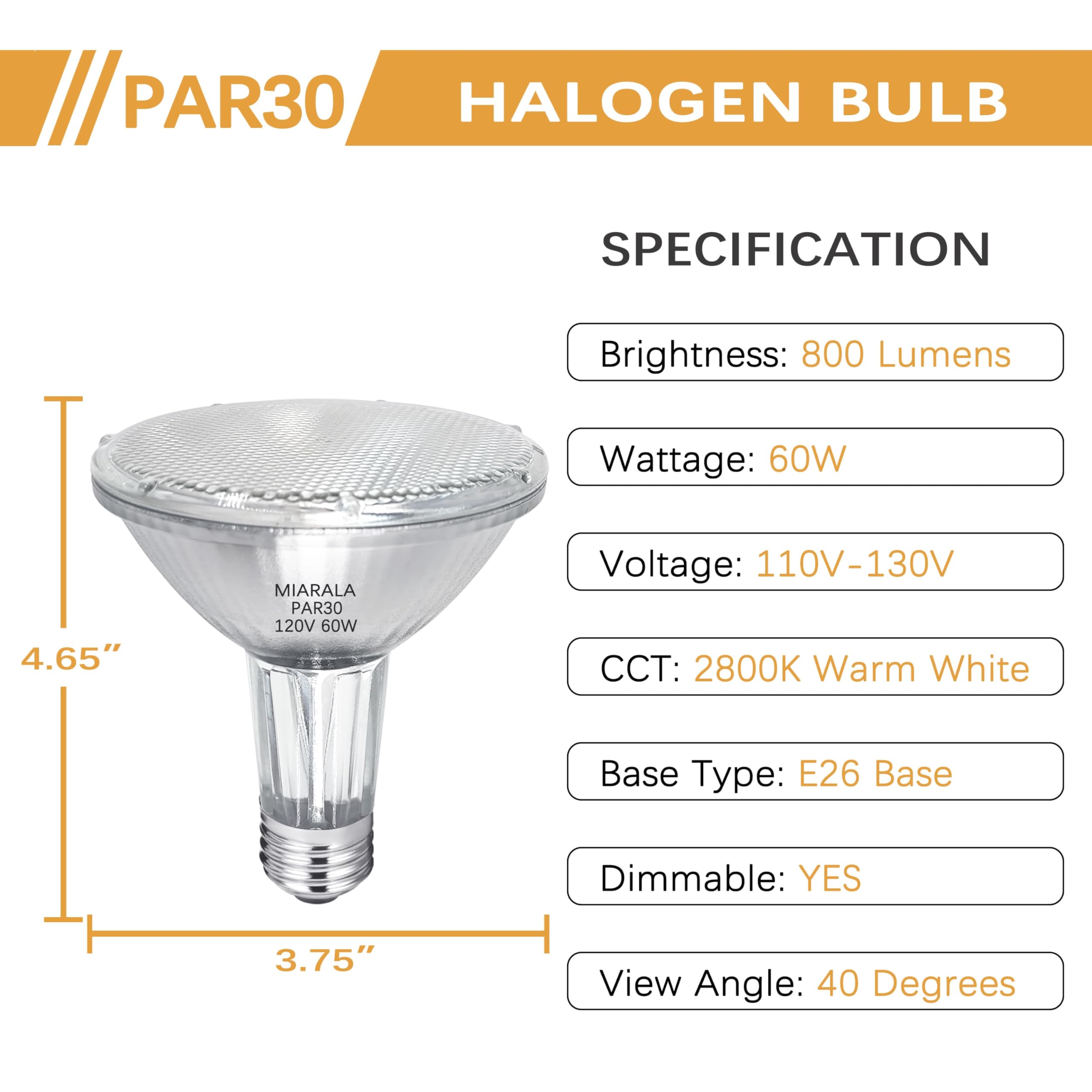 MIARALA PAR30 Long Neck, 6PCS PAR30 Halogen Flood Light Bulbs 75W 120V, PAR30 Halogen Light Bulbs with E26 Base Dimmable CRI100, YX-PAR30-75WL-US02
