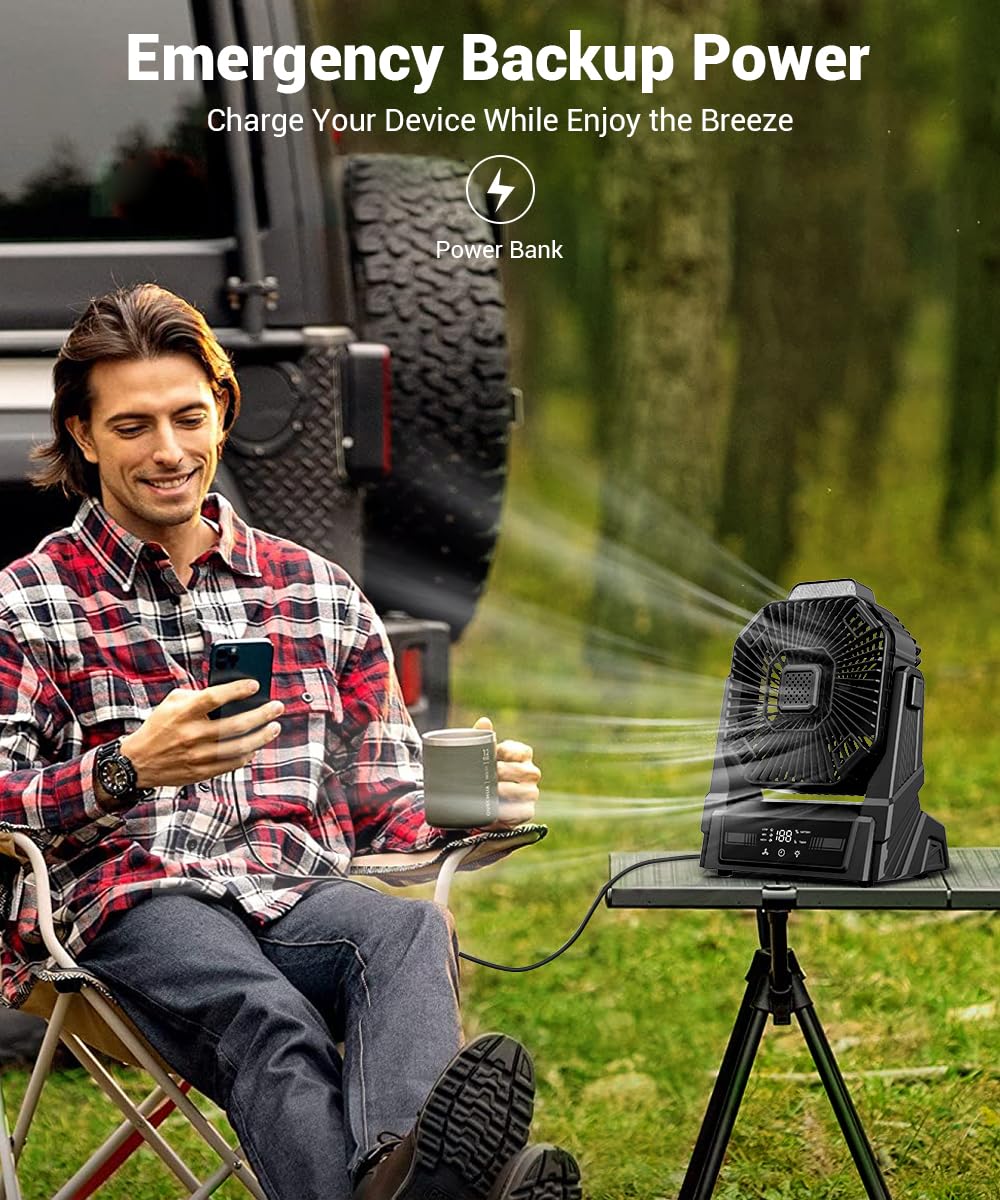 KopBeau Portable Camping Fan with Lights, 20000mAh Rechargeable Battery Operated Fan, Battery Powered Outdoor Beach Tent Fan with 3 Speeds & Hook, Personal USB Table Fan for Camping Accessories Black