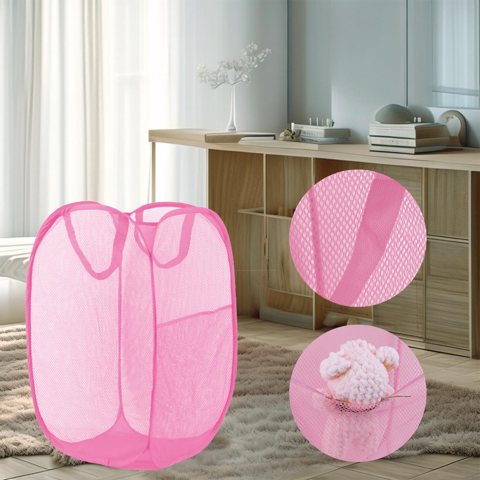 LXLOVESM Pop Up Hamper, Mesh Popup Laundry Hamper, Clothes Basket, Collapsible Hamper for Laundry, Foldable Hamper for Travel and Storage (Pink)