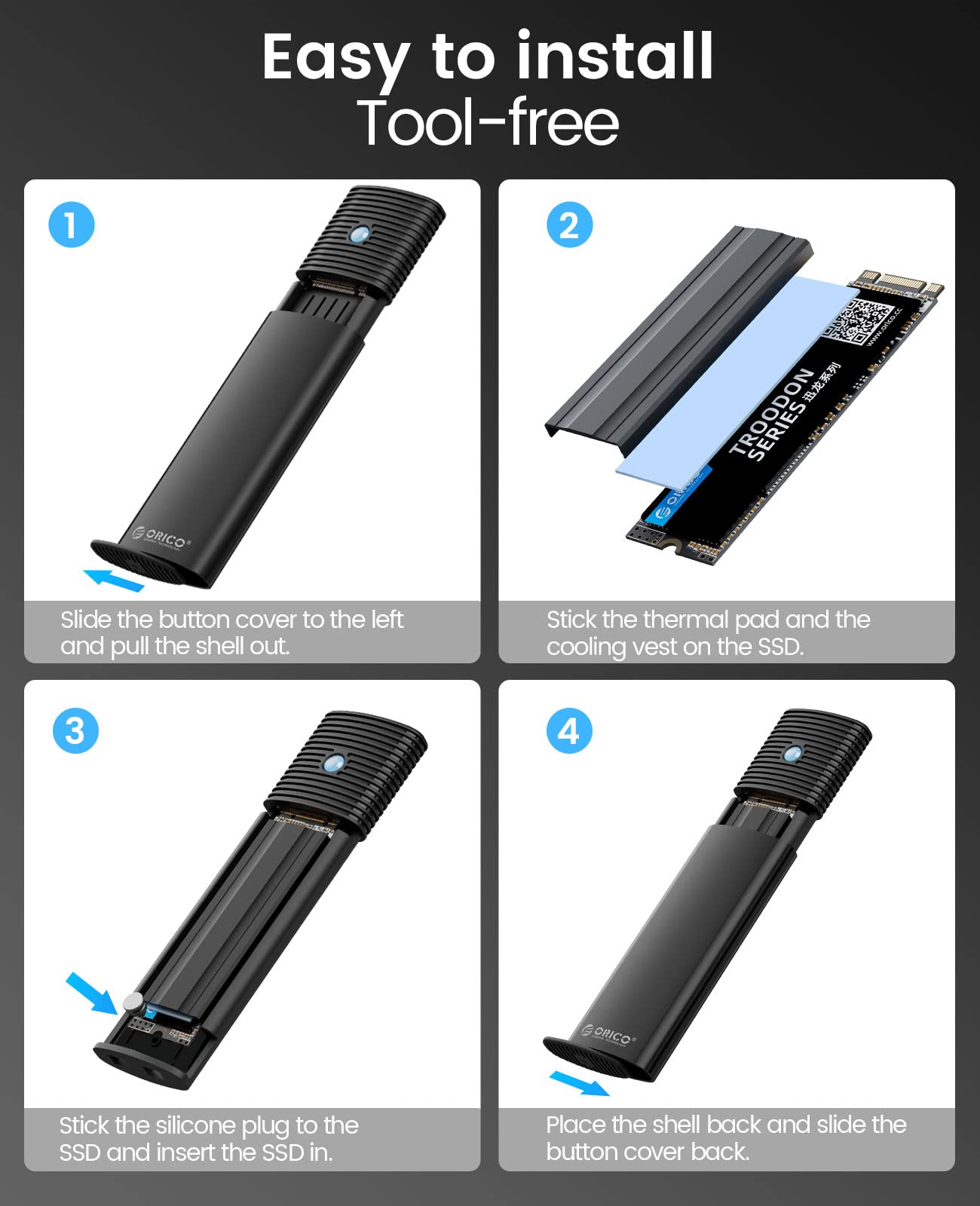 ORICO M.2 NVMe SSD Enclosure 40Gbps M.2 to USB-C Adapter for NVMe M-Key 4TB SSD 2280, Aluminum M2 External SSD Case, Compatible with Thunderbolt 3/4 USB3.2/3.1/3.0/Type C