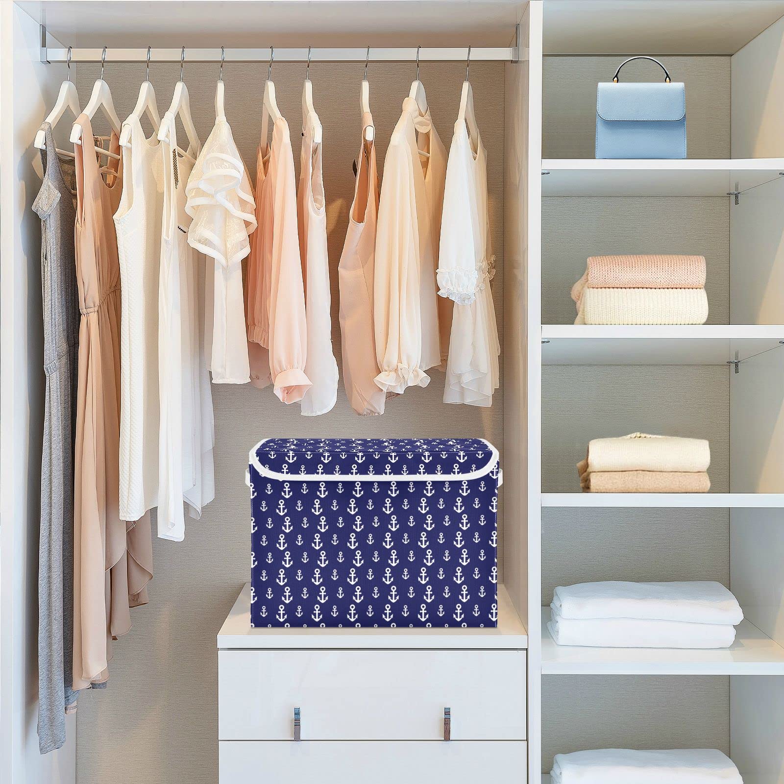 Kigai Storage Basket Nautical Anchor Blue Storage Boxes with Lids and Handle, Large Storage Cube Bin Collapsible for Shelves Closet Bedroom Living Room, 16.5x12.6x11.8 In