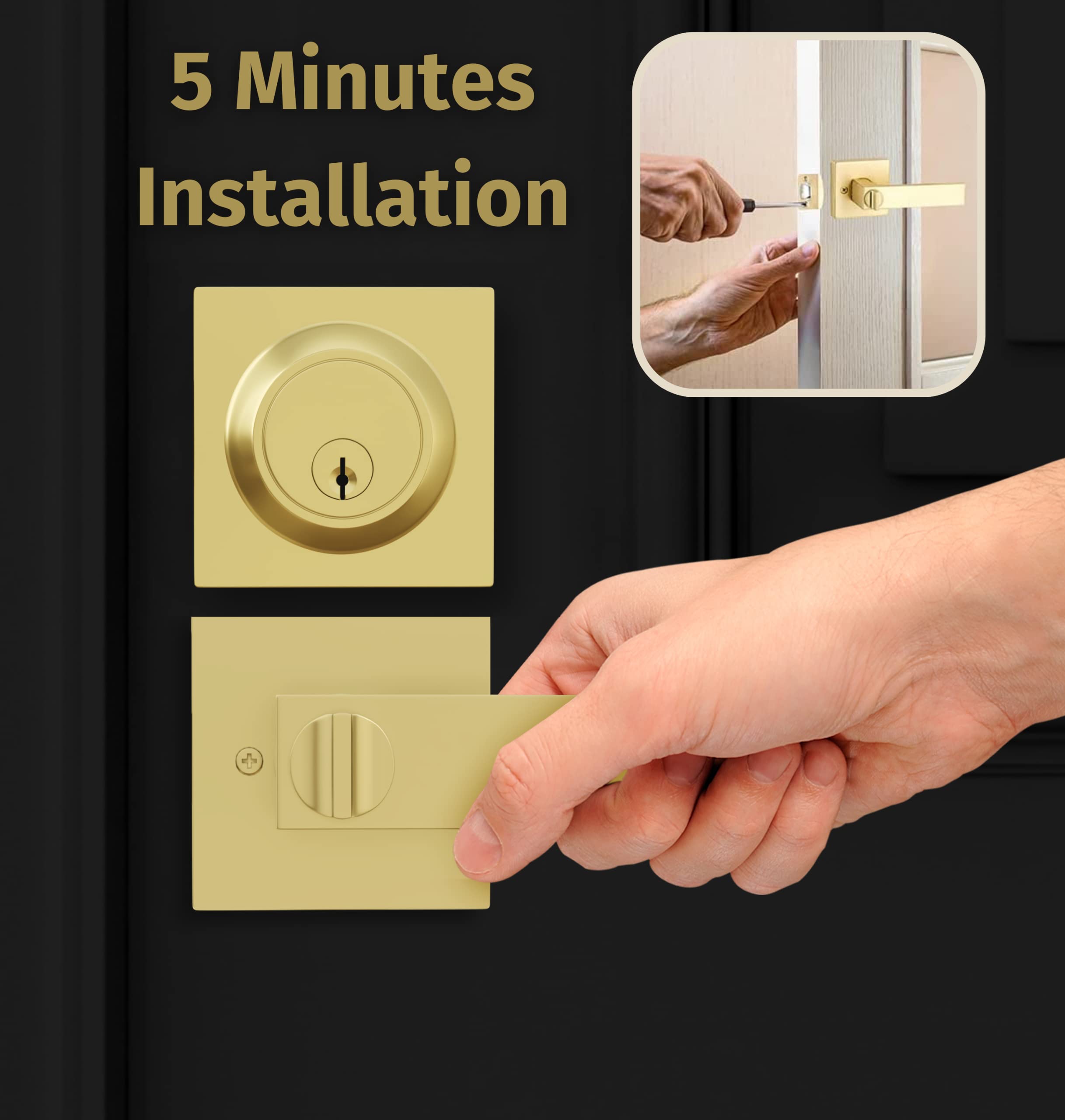 Mega Handles Entry Combo I Entry Lever Door Handle and Single Cylinder Deadbolt Lock and Key Combo Pack - Heavy Duty Square Locking Lever Set for Left or Right-Handed Doors - Satin Brass