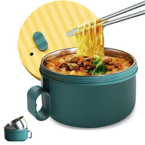 Microwave Ramen Cooker Ramen Bowl Set Microwave Ramen Bowl with Lid and Handle Ramen Noodle Bowl with Chopsticks Stainless Steel Liner Dishwasher Safe for College Dorm Office Home(Yellow&Green)