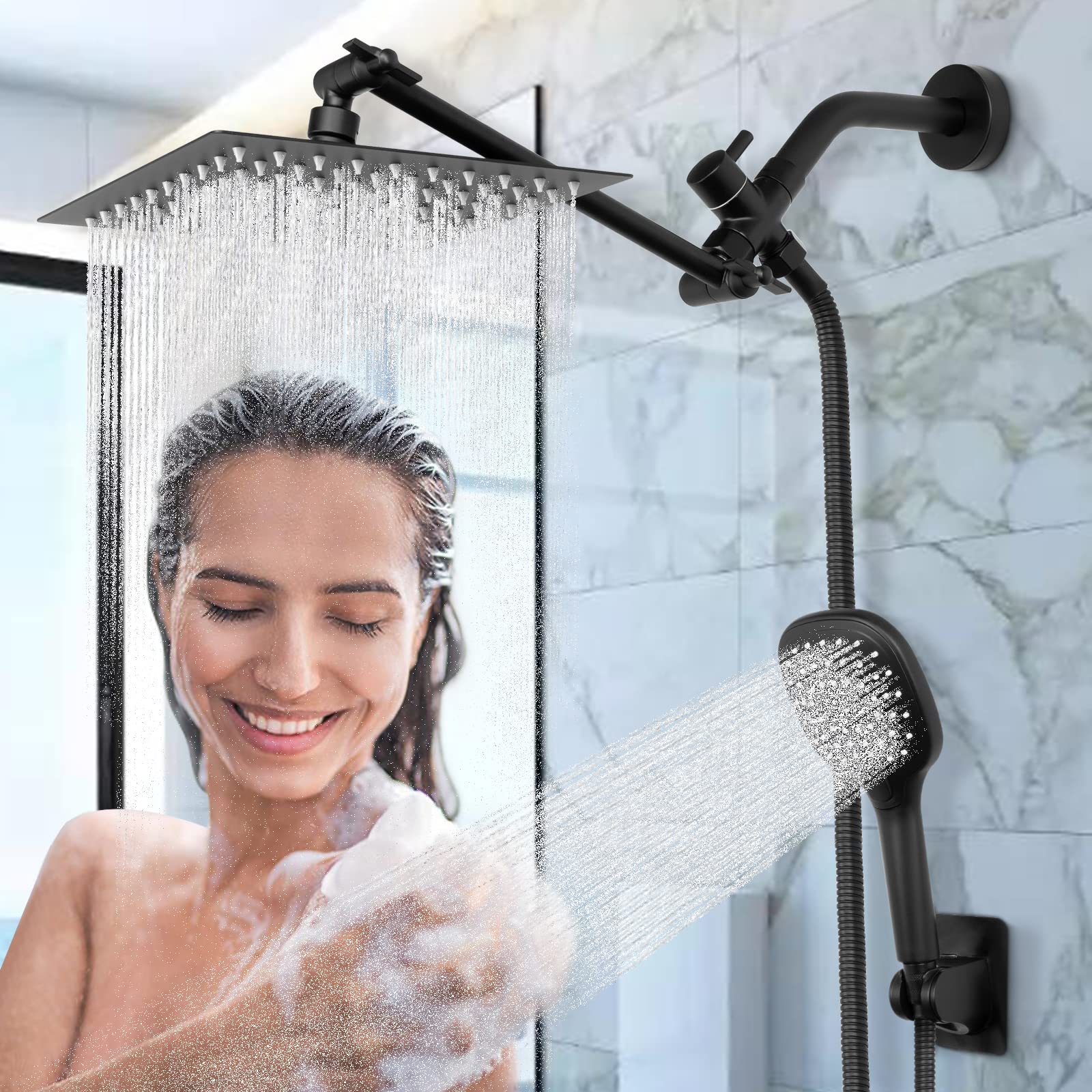 NearMoon Solid Brass G1/2" Shower Arm All Metal Universal 3-Way Diverter Valve for Hand Shower and Fixed Shower Head,Replacement Component Adapter (Matte Black)